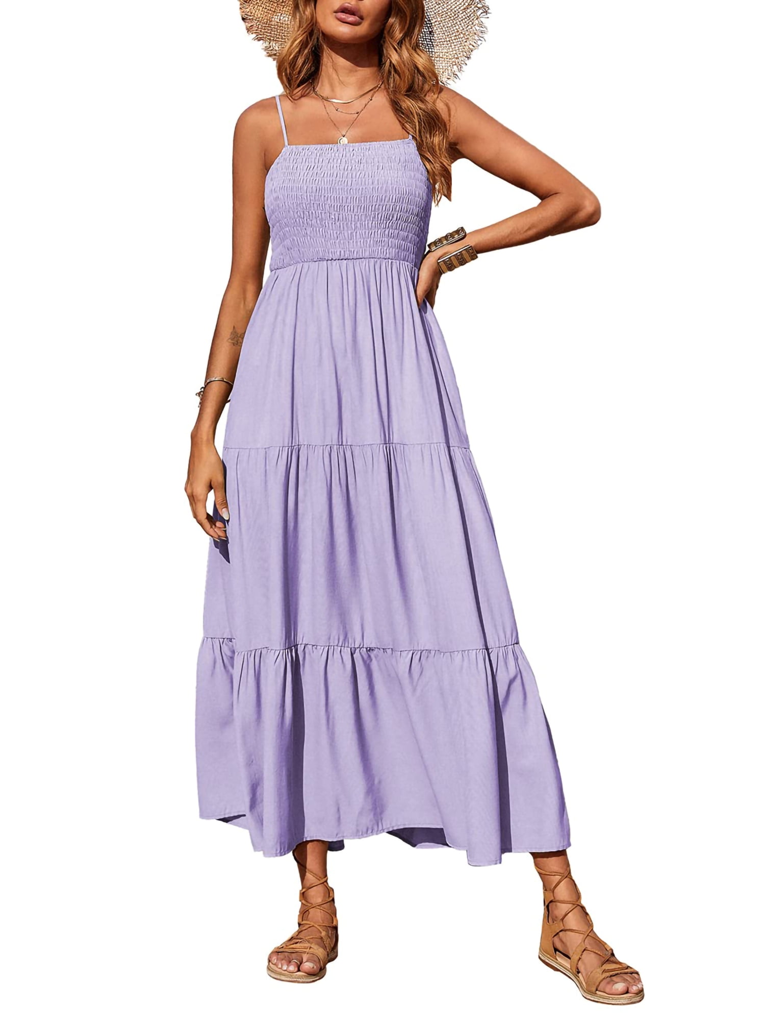 Caitzr Women's 2024 Summer Maxi Dress Spaghetti Tie Strap Smocked Boho ...