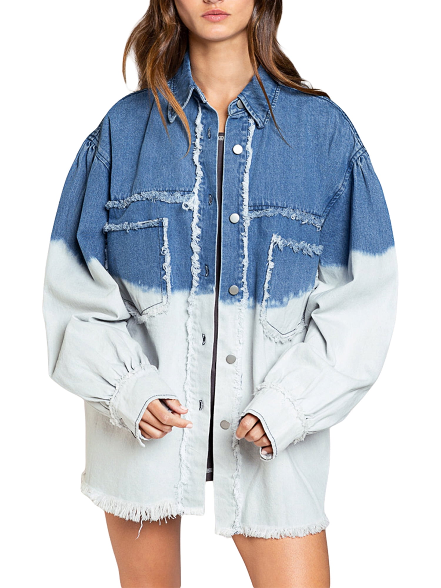 Caitzr Women's Oversized Frayed Denim Jacket Casual Boyfriend Jean ...