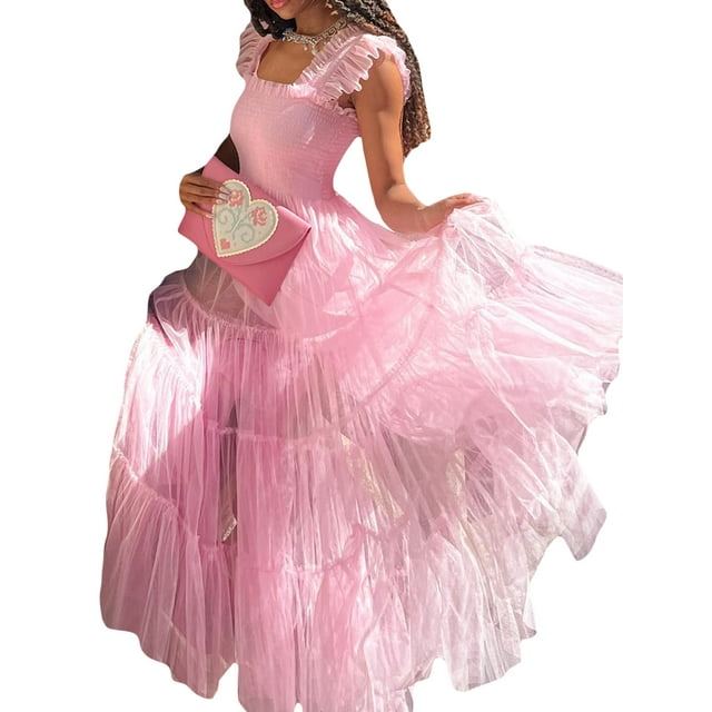 Caitzr Women's Puffy Fly Sleeve Prom Dress Tulle Ball Gown Formal ...