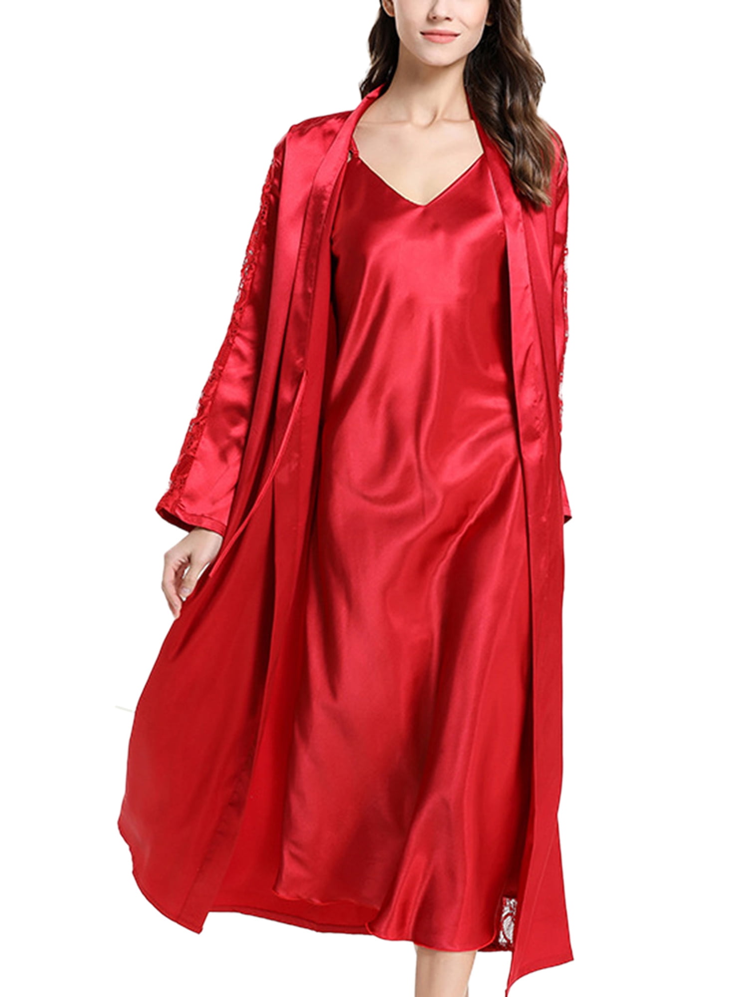 Caitzr Women's Satin Nightgown with Robes Set 2 Piece Cami Dress ...