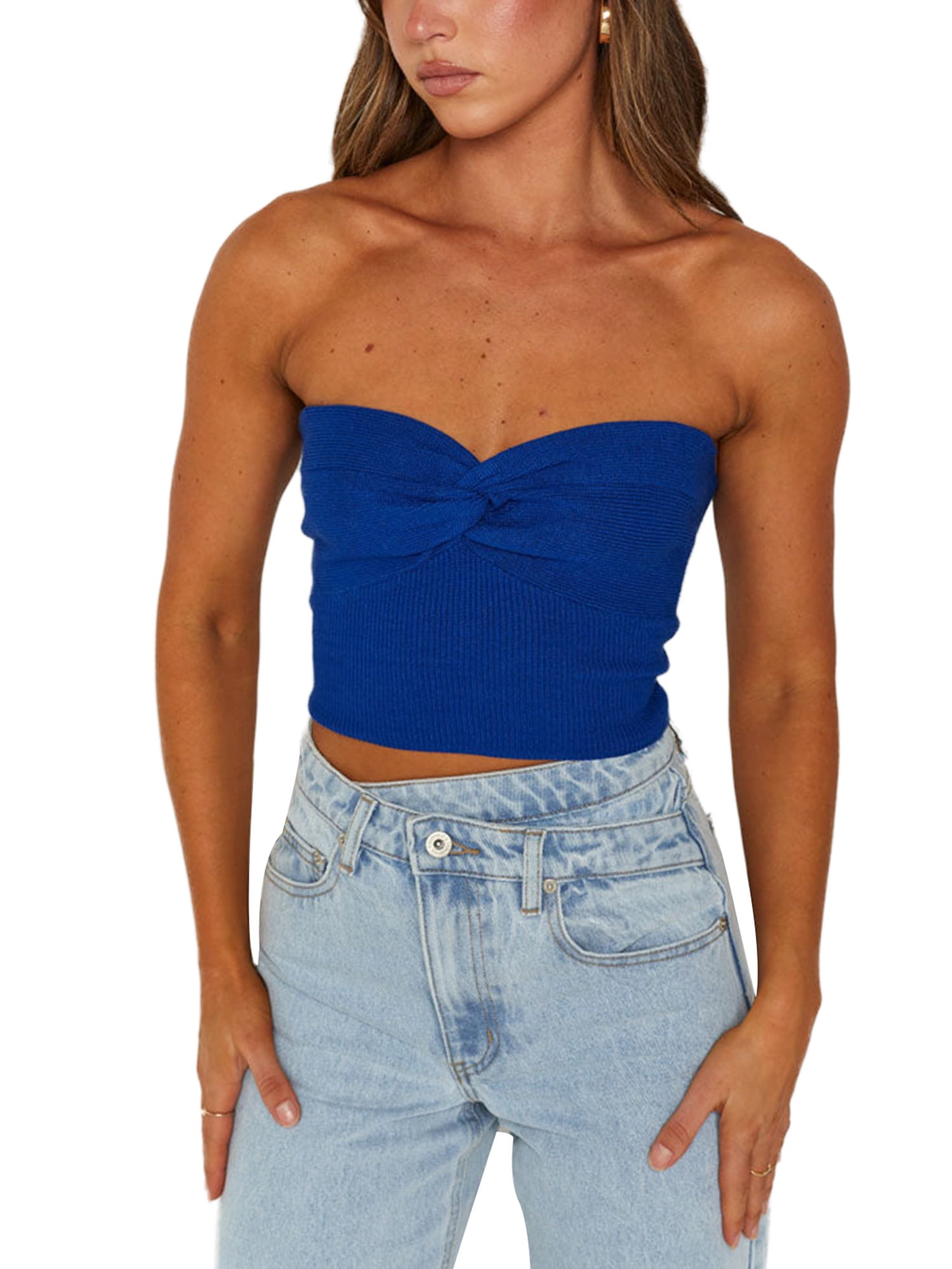 Caitzr Womens Strapless Crop Top Sexy Sweetheart Neck Ribbed Knit