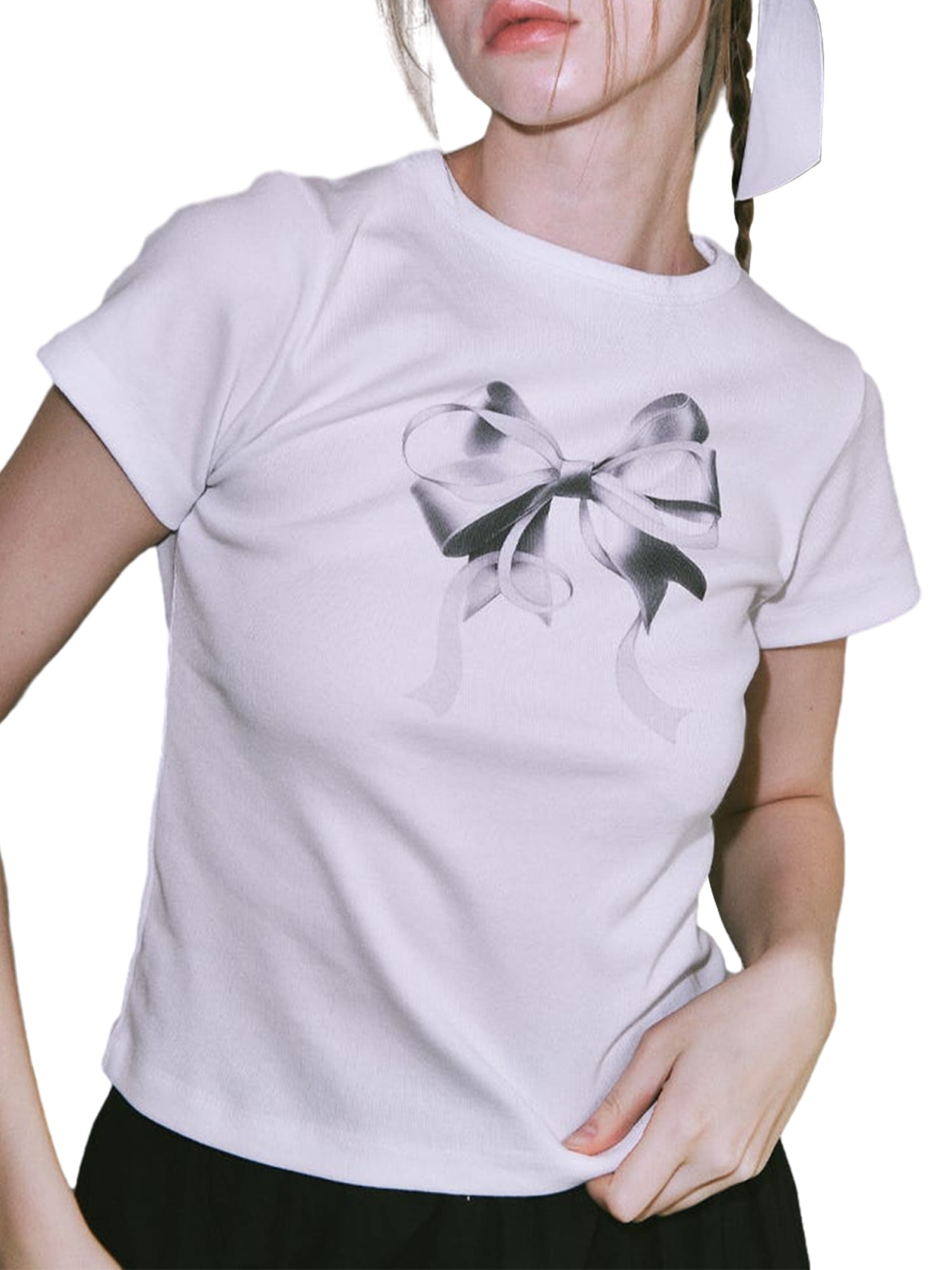 Caitzr Womens Y2k Crop Tops Fairy Grunge Short Sleeve Crew Neck Slim