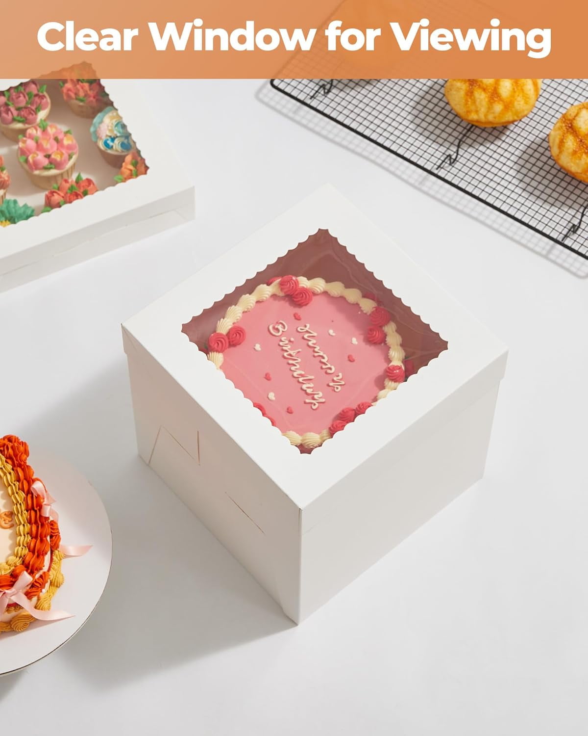 Cake Box with Board Drum, 10x10x10 Inches Tall Bakery Box with Window ...