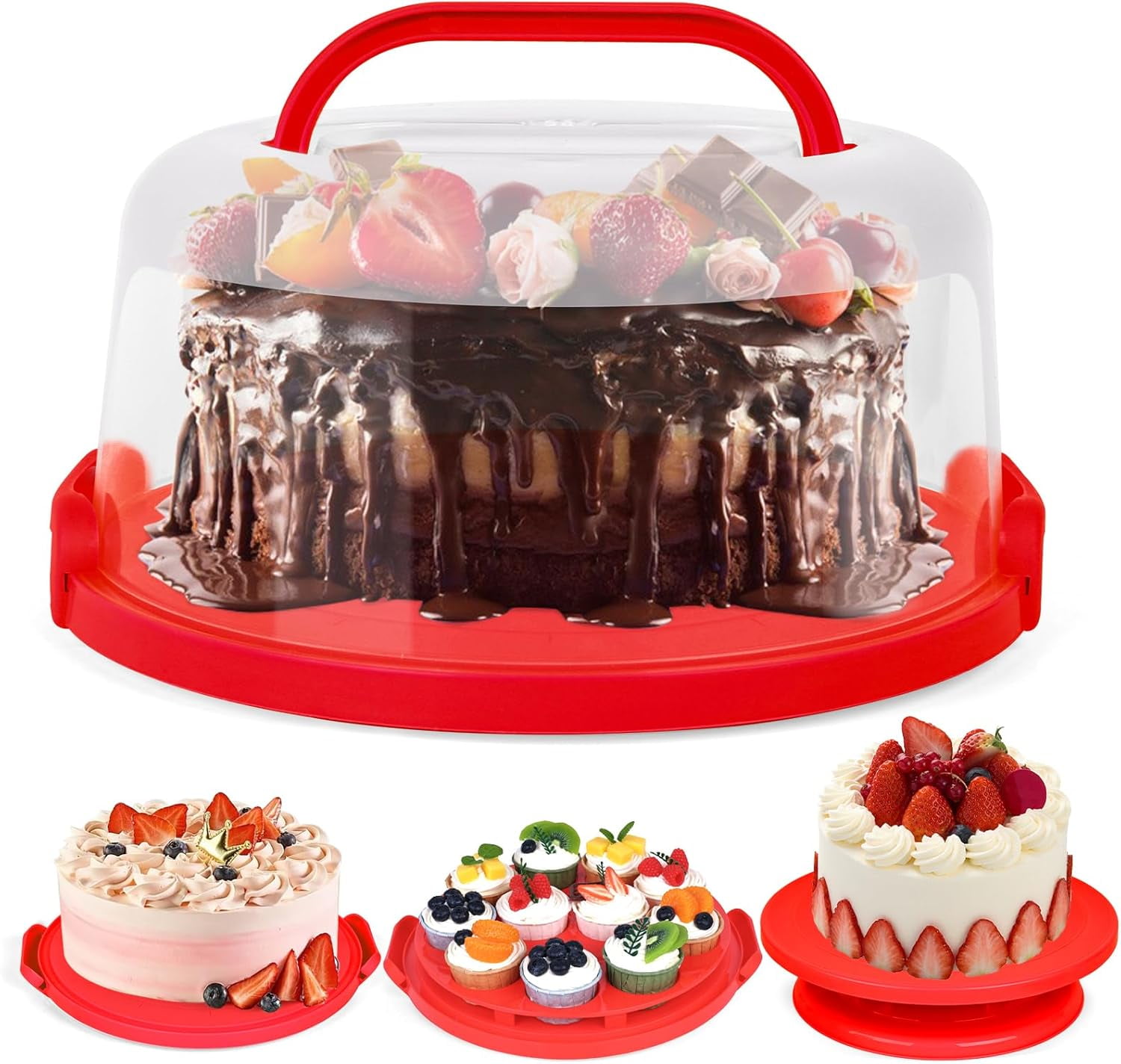 Cake Carrier with Lid and Handle, 12x6 Inch Red Cake Holder Cupcake ...