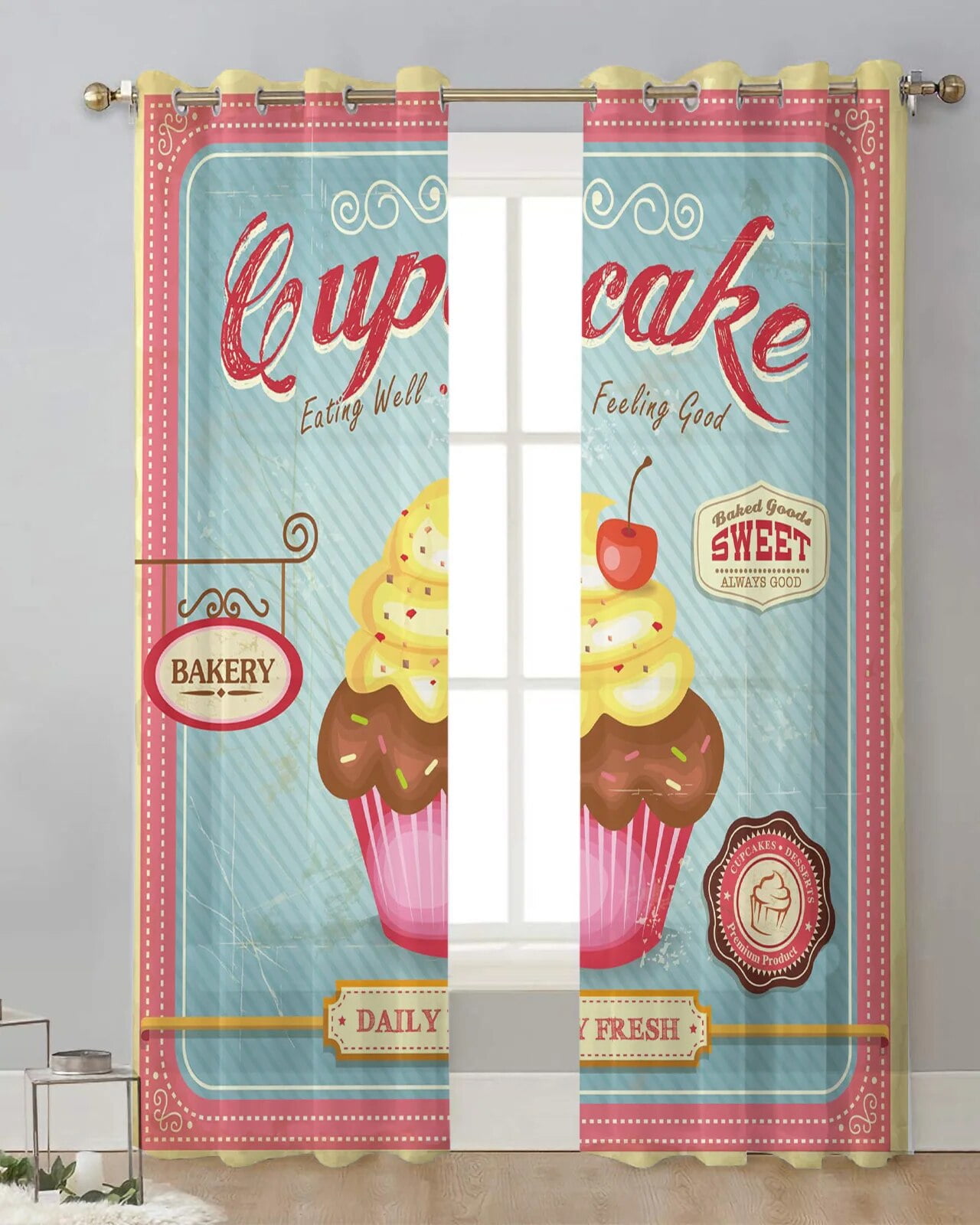 Cake Cherry English Dessert Box Yellow Tulle Curtain rative Sheer ...