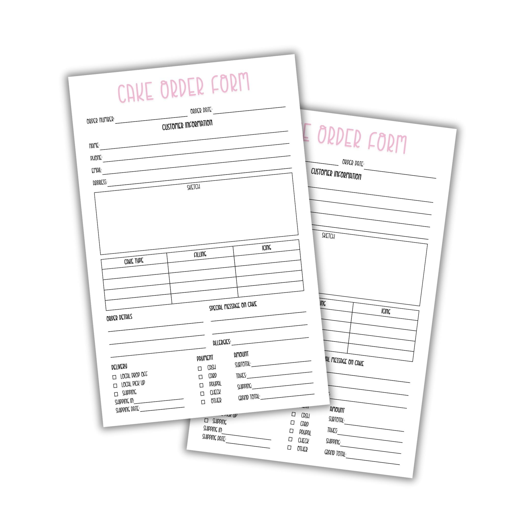 Cake Order Form 50pk 8.5x5.5 Bakery Care Instructions Sheet Client ...
