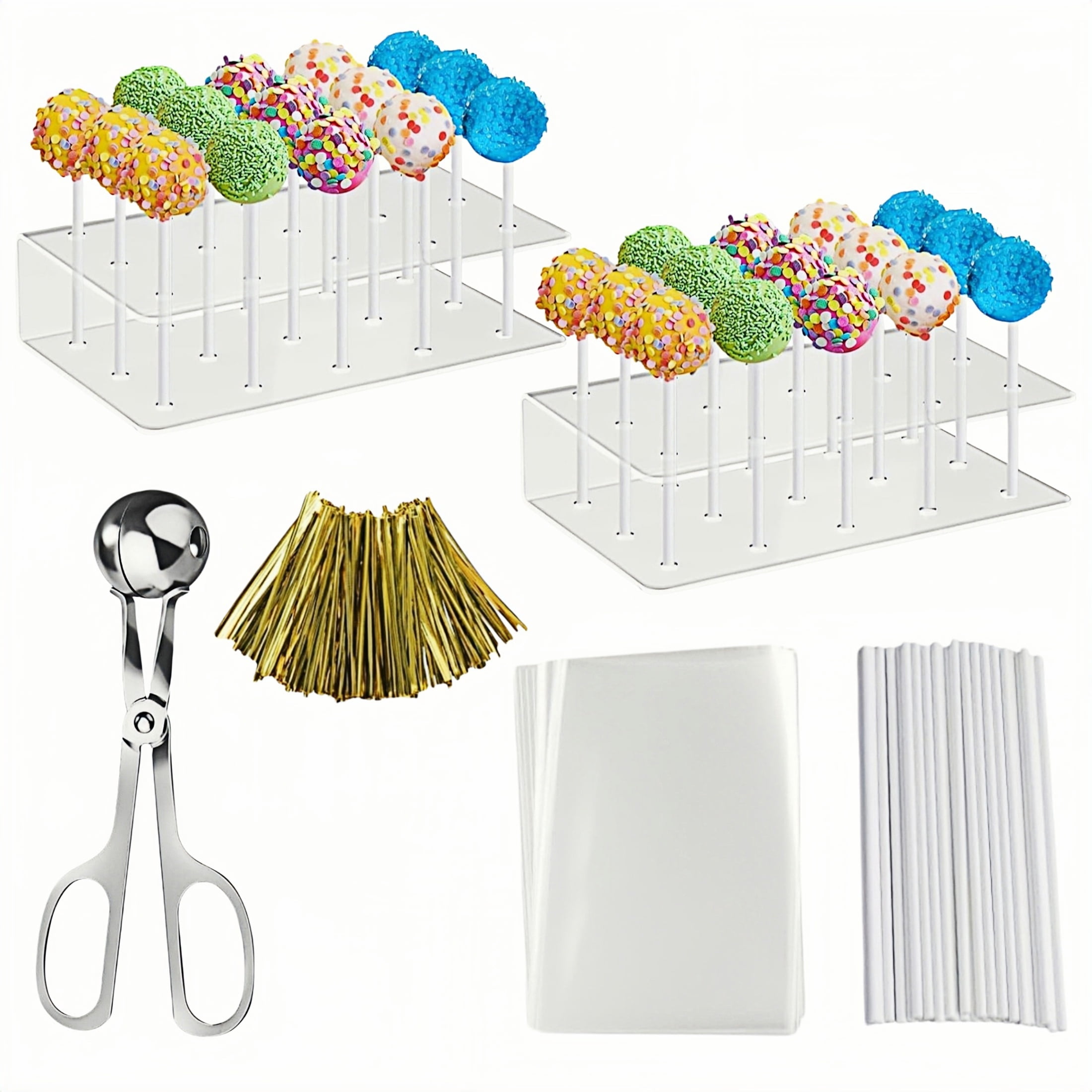 Cake Pop Kit Including Lollipop Sticks, Clear Wrappers, Acrylic Display ...