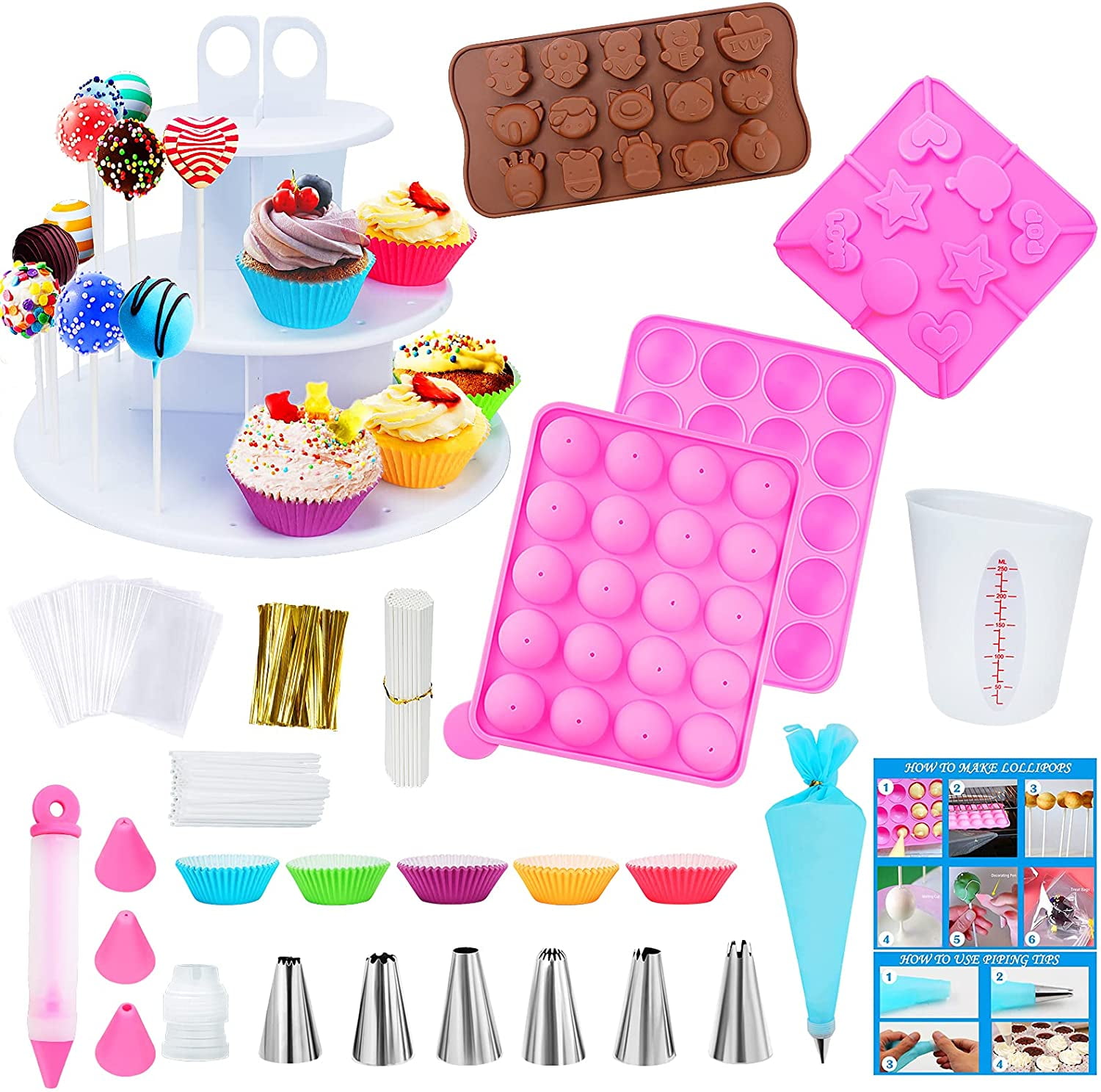 Cake Pop Maker Kit with 3 Silicone Mold Sets - 3 Tier Display Stand ...