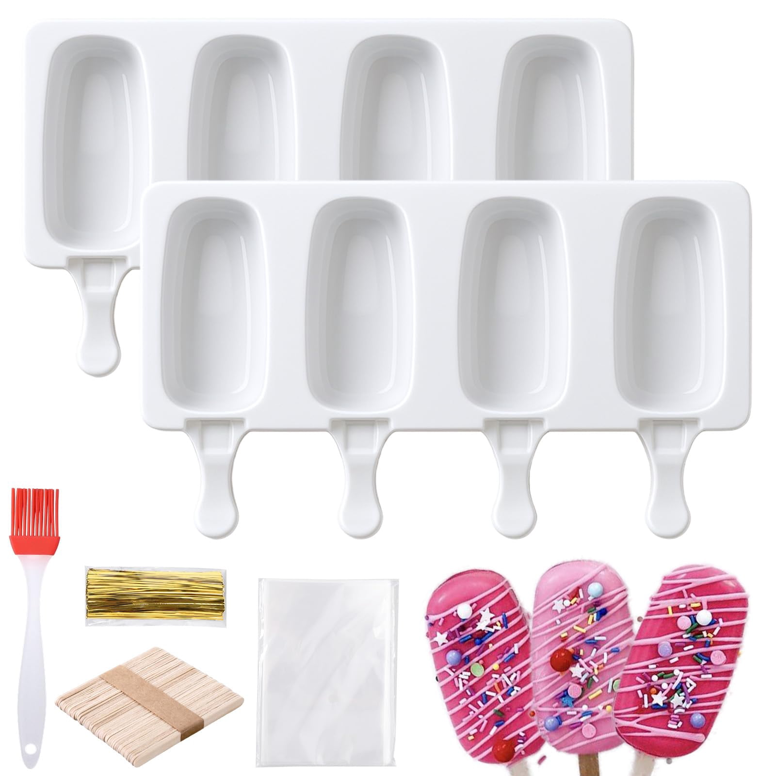 Cake Pop Mold Kit 2 Pack, 8 Cavity Silicone Cakesicle Molds with 100 ...