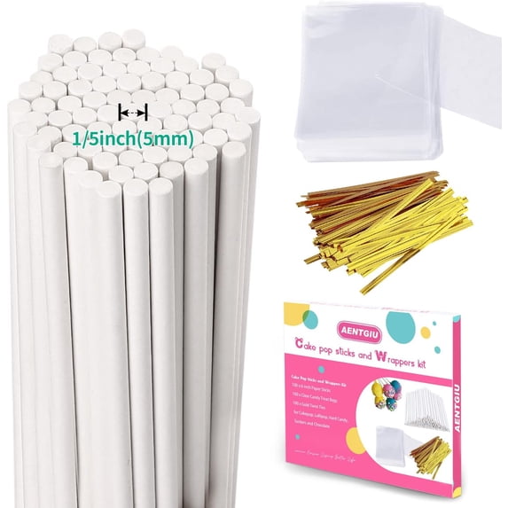 Cake Pop Thick Sticks and Wrappers Kit, Including 100ct 6-inch 5mm ...