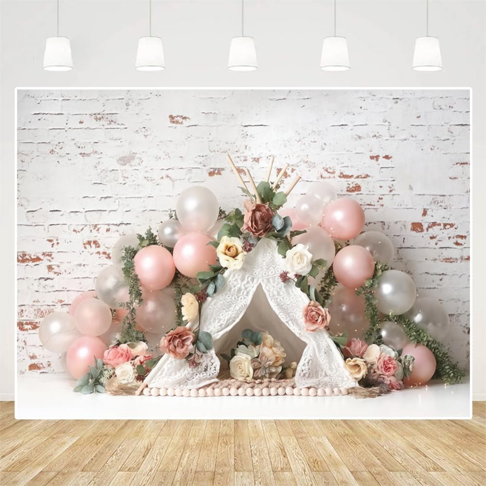 Cake Smash Backdrop for Girl Baby Birthday Party Pink Balloons Flower ...