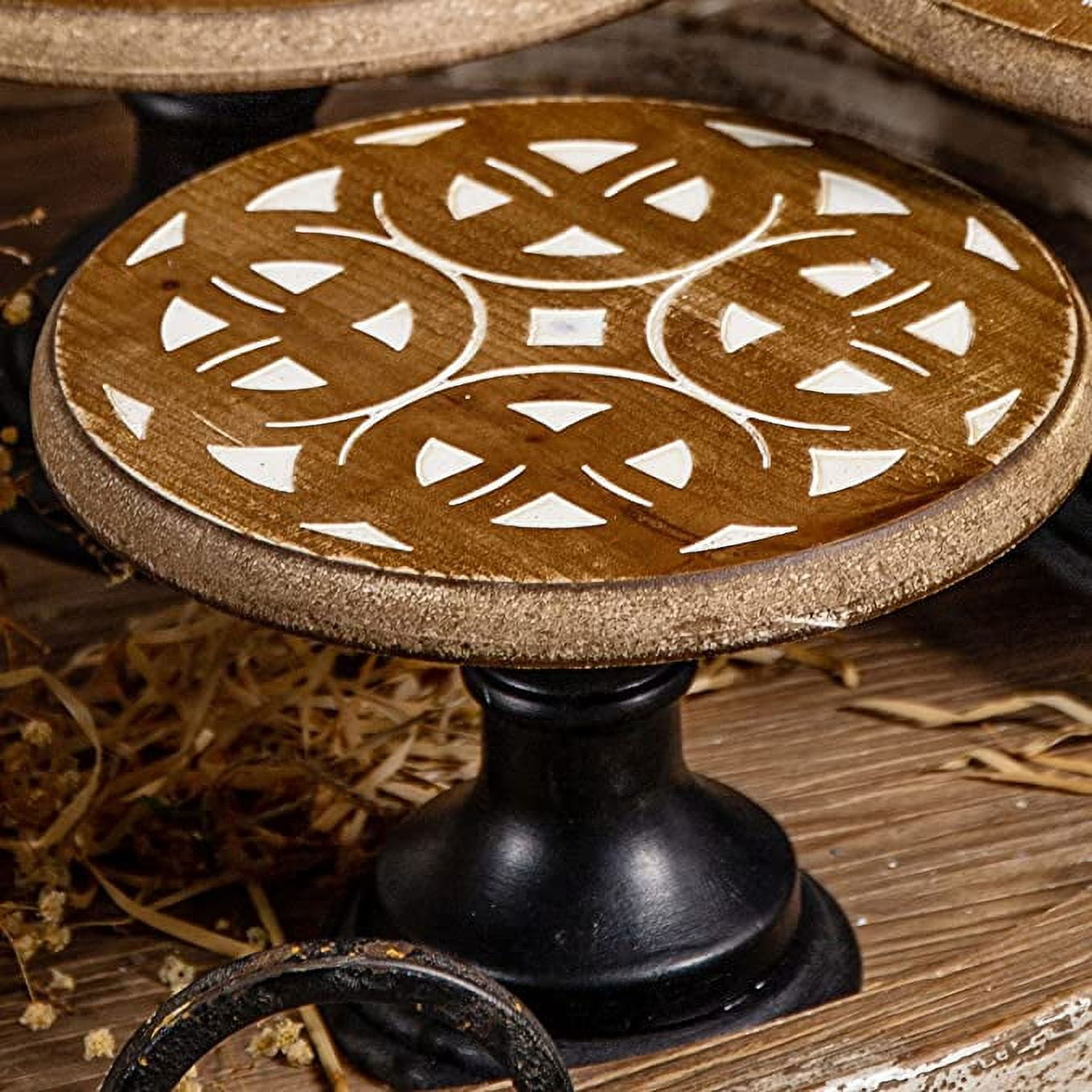 Cake Stand 12 inch Hand Carved Rustic Round Wood with Black Pedestal ...