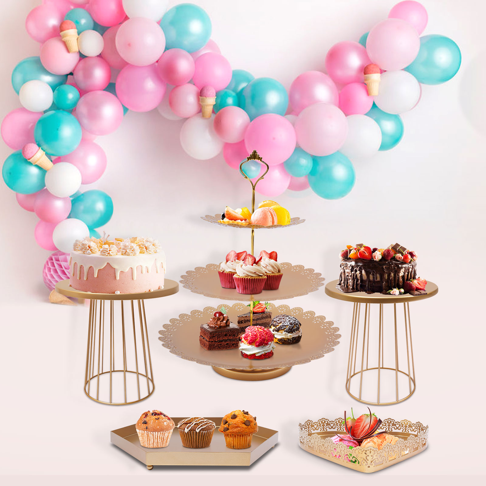 Cake Stand, Dessert Table Display Set, 6 Pieces Gold Metal Cake Stands ...