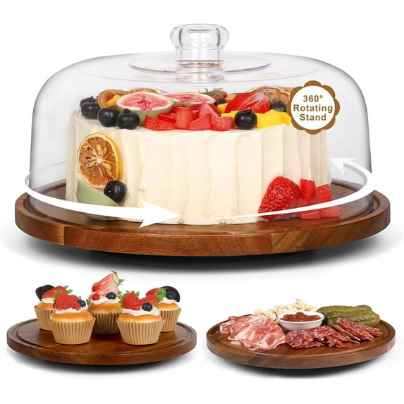Cake Stand with Dome Lid, 12in Acacia Wood Cake Plate with Cover ...