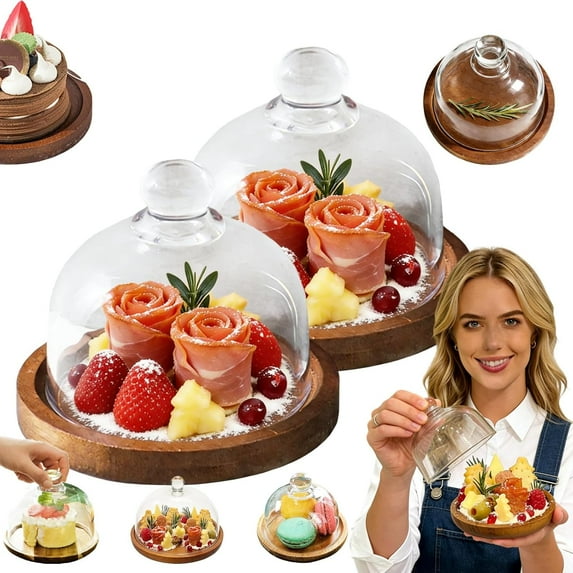 Cake Stand with Glass Lid, Charcuterie Snow Globe Container with Acacia ...