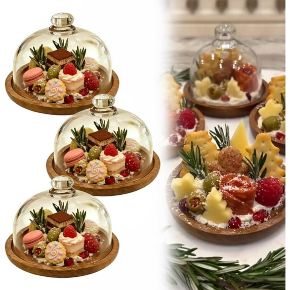 Cake Stand with Glass Lid and Wooden Base, Mini Cake Stand with Dome ...