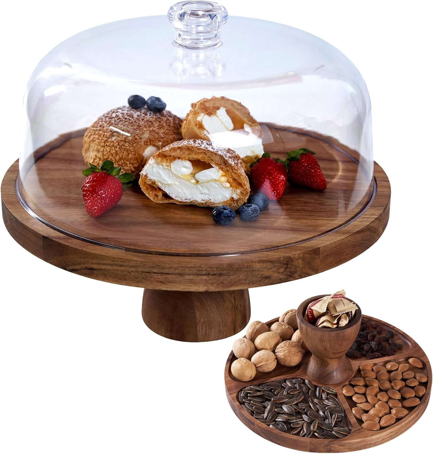 Cake Stand with Lid, Multi-Functional 12in Round Cake Holder, Acacia ...