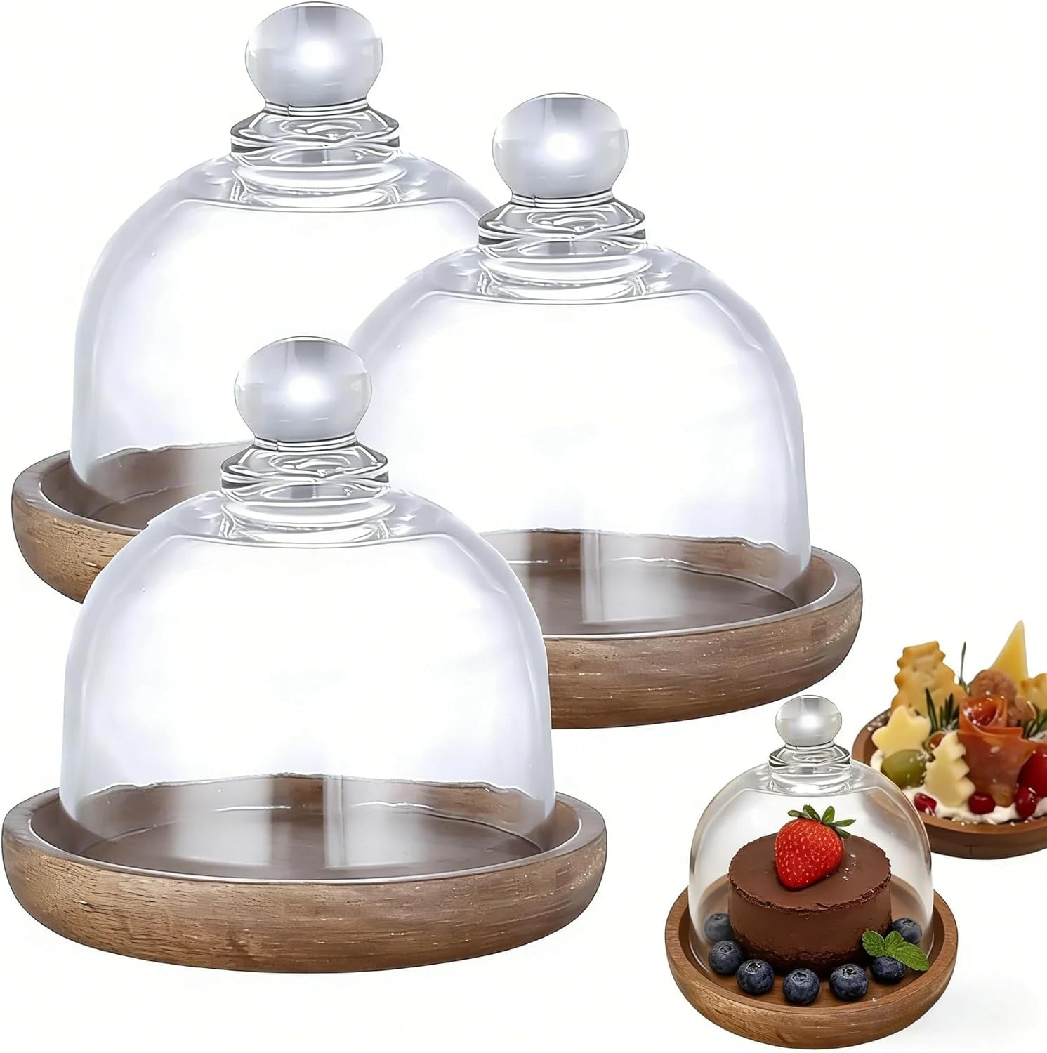Cake Stand With Glass Lid,Acacia Wood Round Cake Holder with ...