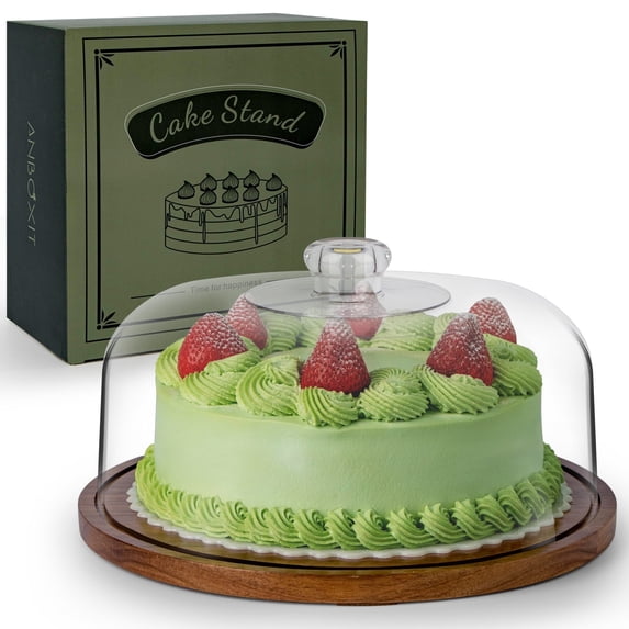 ANBOXIT, Cake Stand with Dome Lid, Acacia Wood, with Acrylic Cover ...