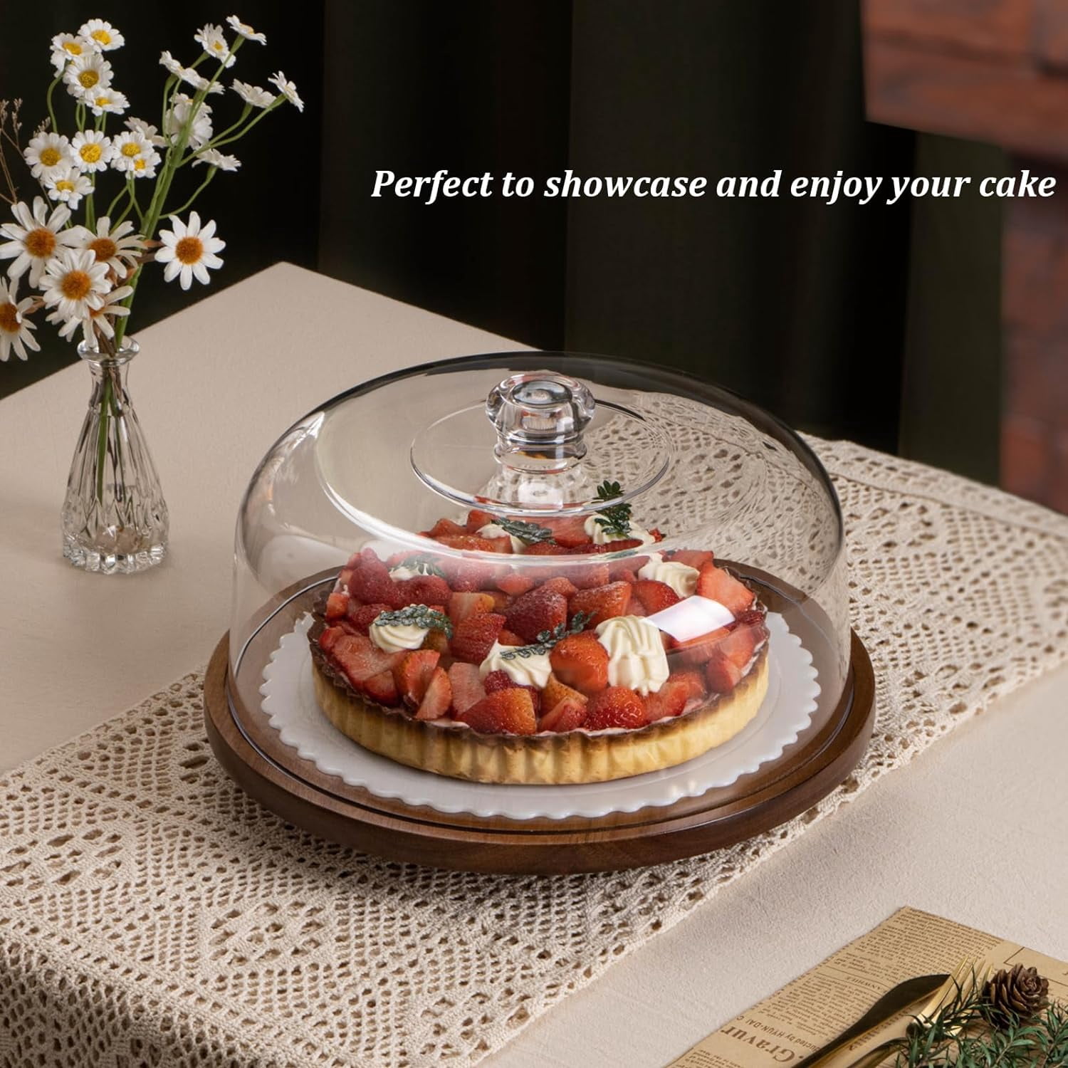 Cake Stand with Dome Lid, Acacia Wood Rotating Cake Plate with Cover ...