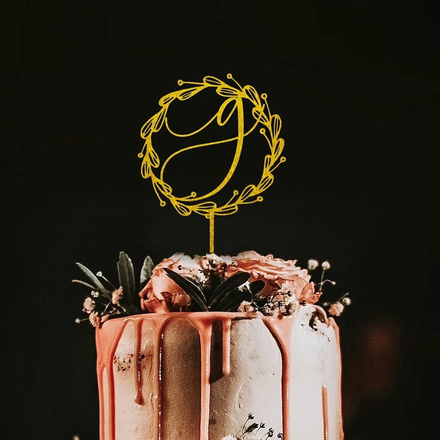 Cake Topper Initials G Cake Topper Golden Monogram Letter Wreath ...
