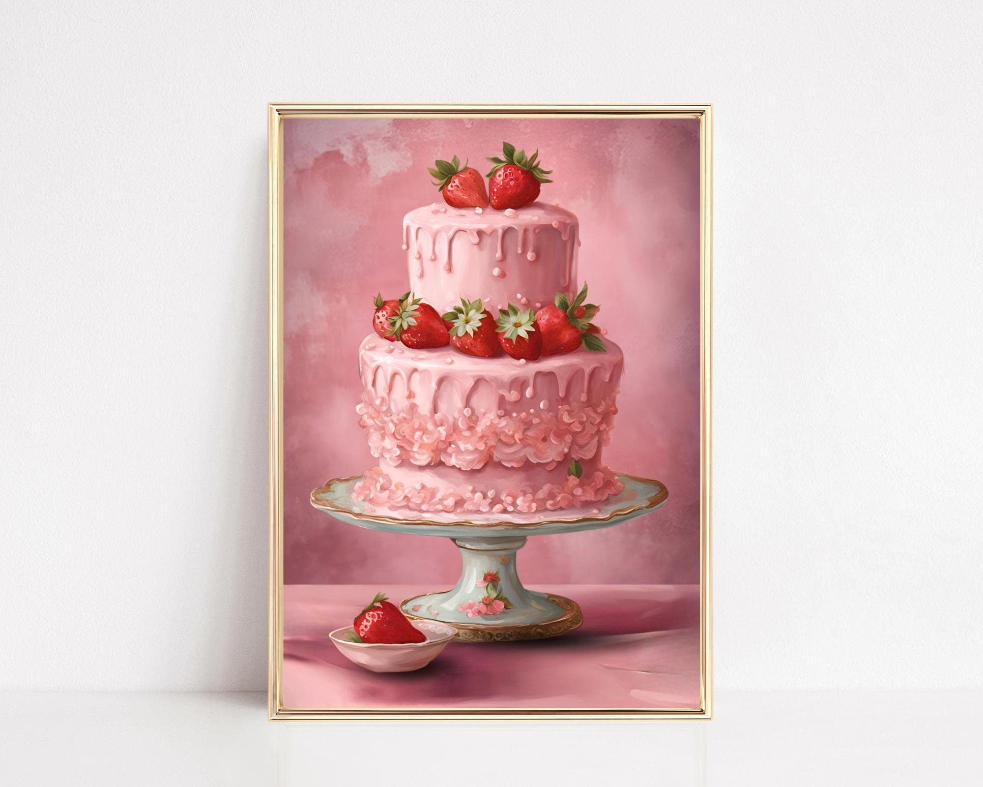 Cake Wall Art Print Strawberry Cake Retro Pink Kitchen Coquette Foodie ...