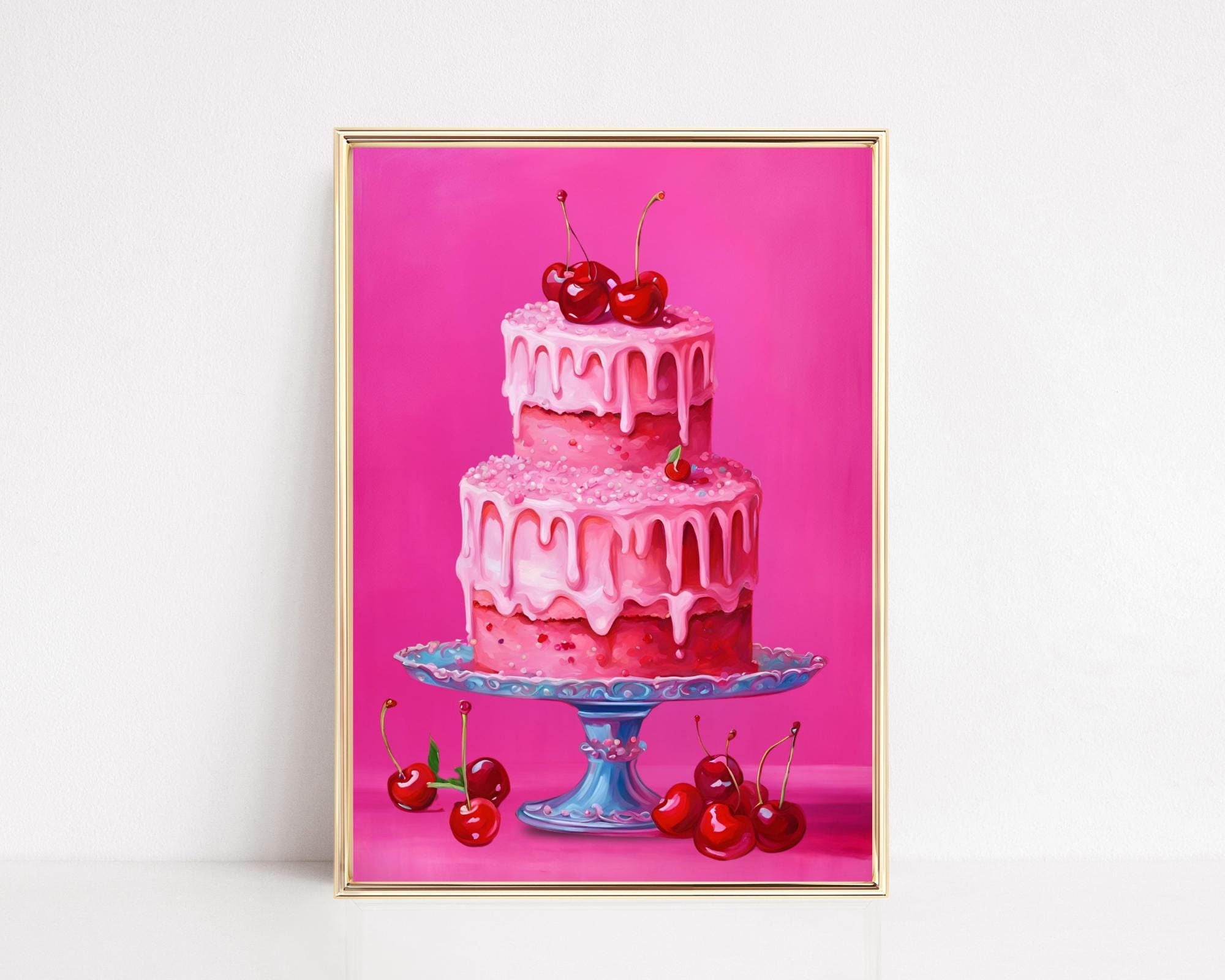 Cake Wall Art Prints Cherry Cake Coquette Kitchen Retro Valentines Cute ...