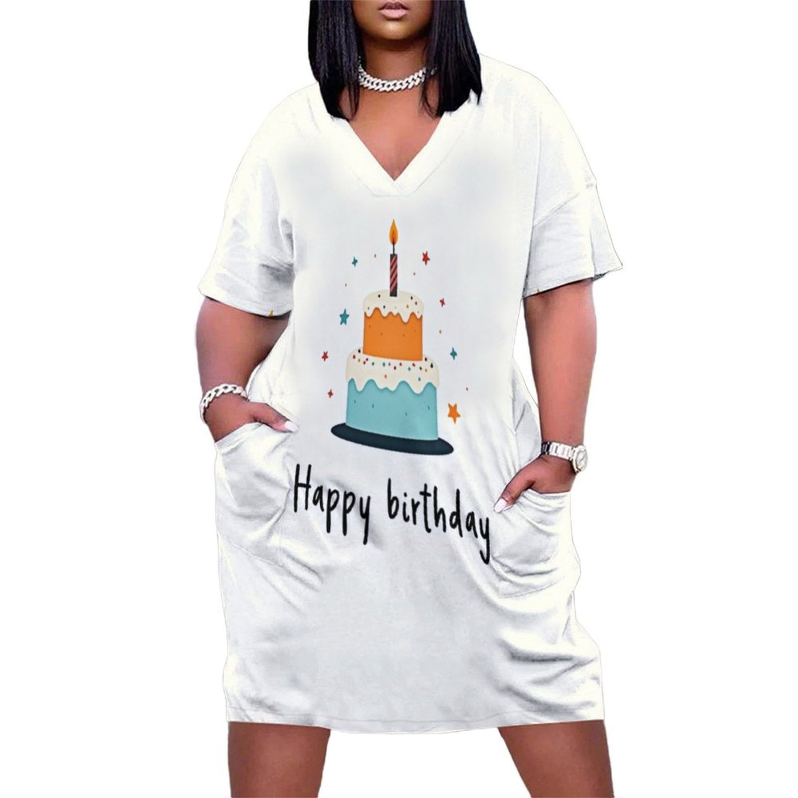 Cake with Burning Candle Loose Pocket Dress Dresses Summer Summer ...