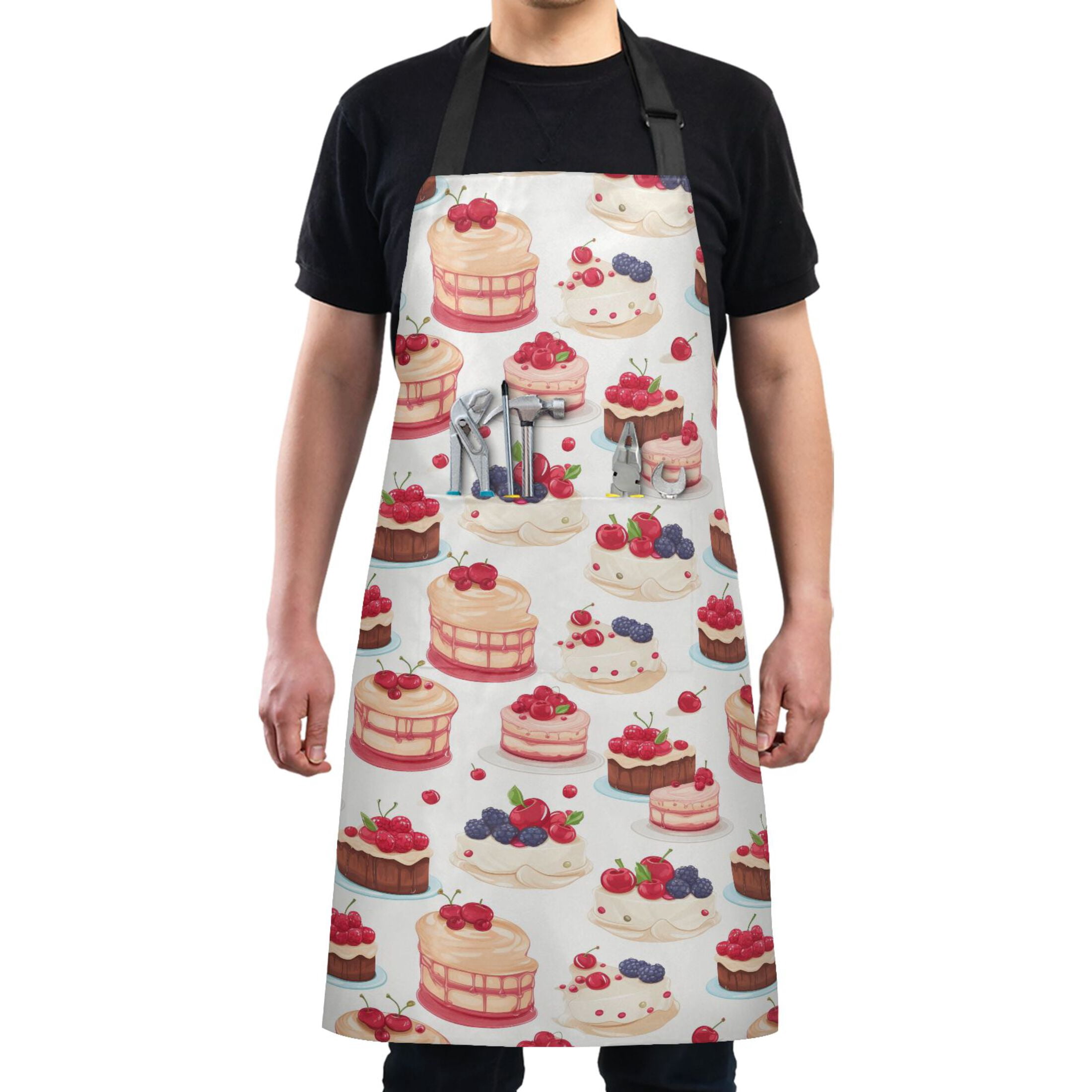 Cake with Cherry Berry Kitchen Apron with 2 Pockets Adjustable ...