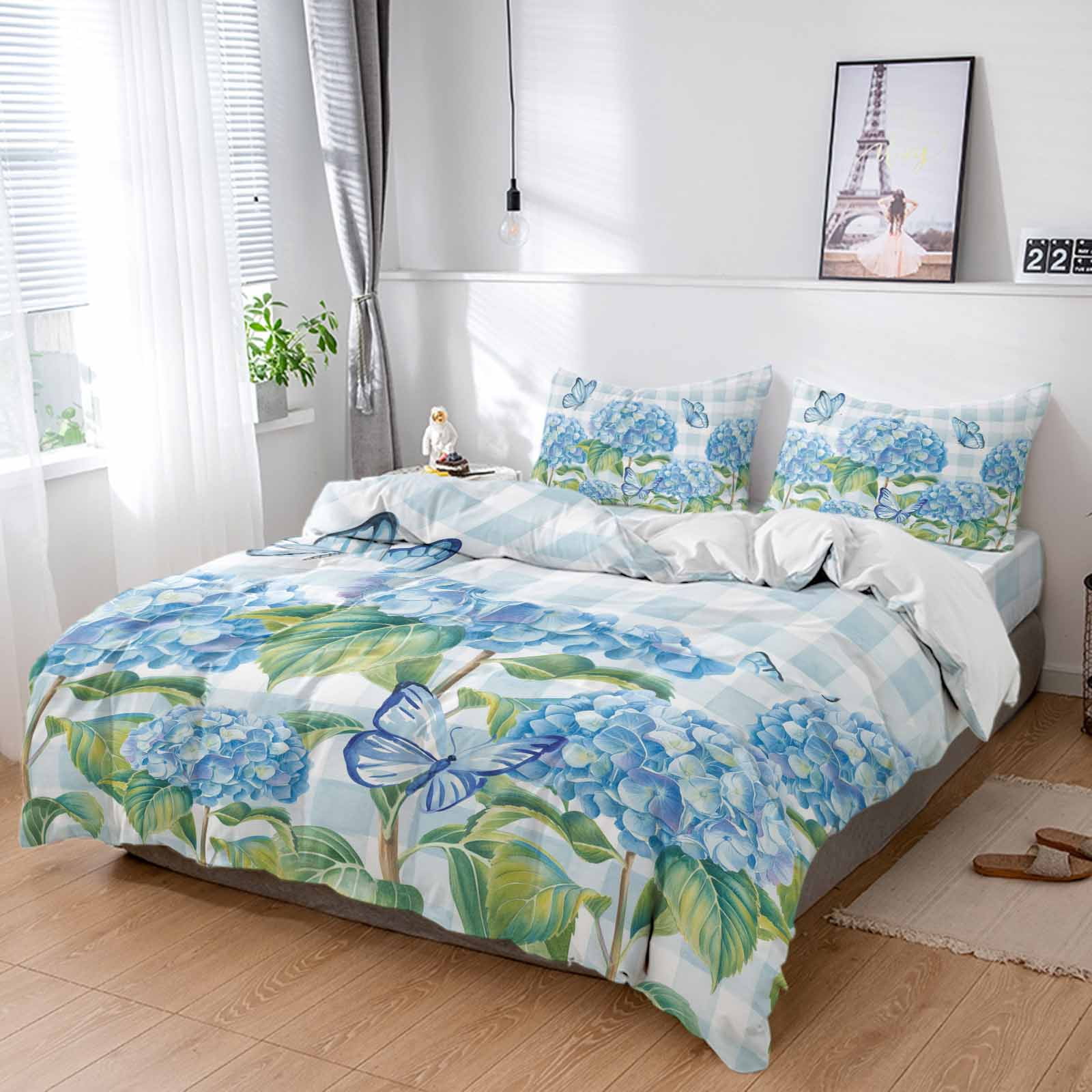 Cal King 4 Piece Bedding Set Blue Hydrangea Flower Leaves Soft ...
