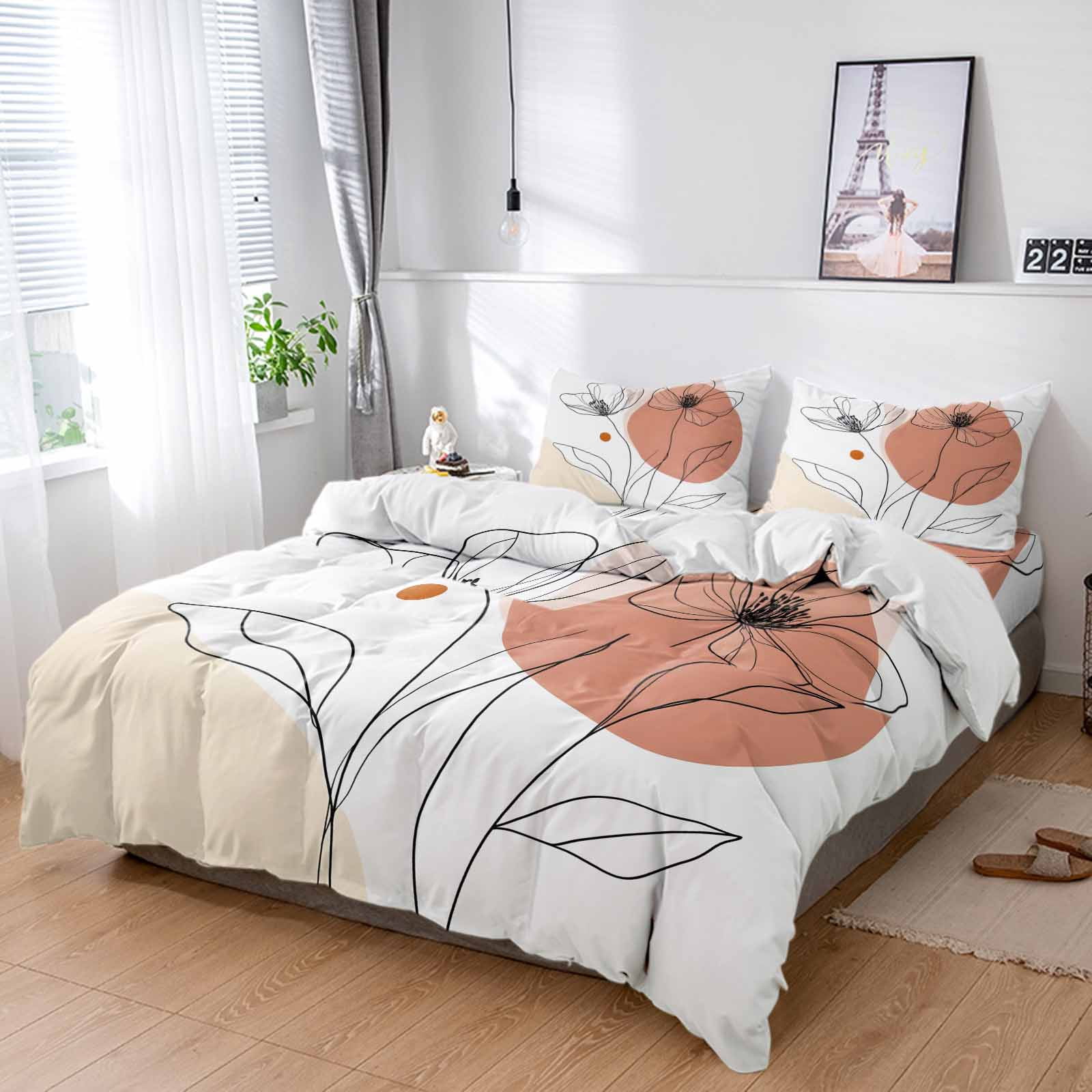 Cal King 4 Piece Bedding Set Boho Modern Flower Line Sketch Art Soft ...