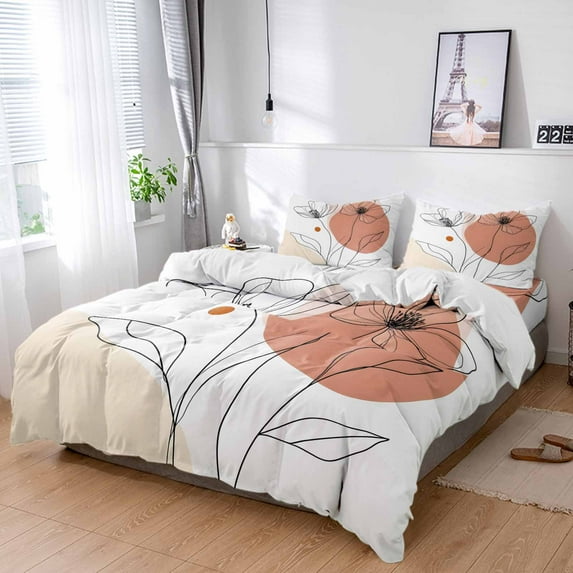 Cal King 4 Piece Bedding Set Boho Modern Flower Line Sketch Art Soft ...