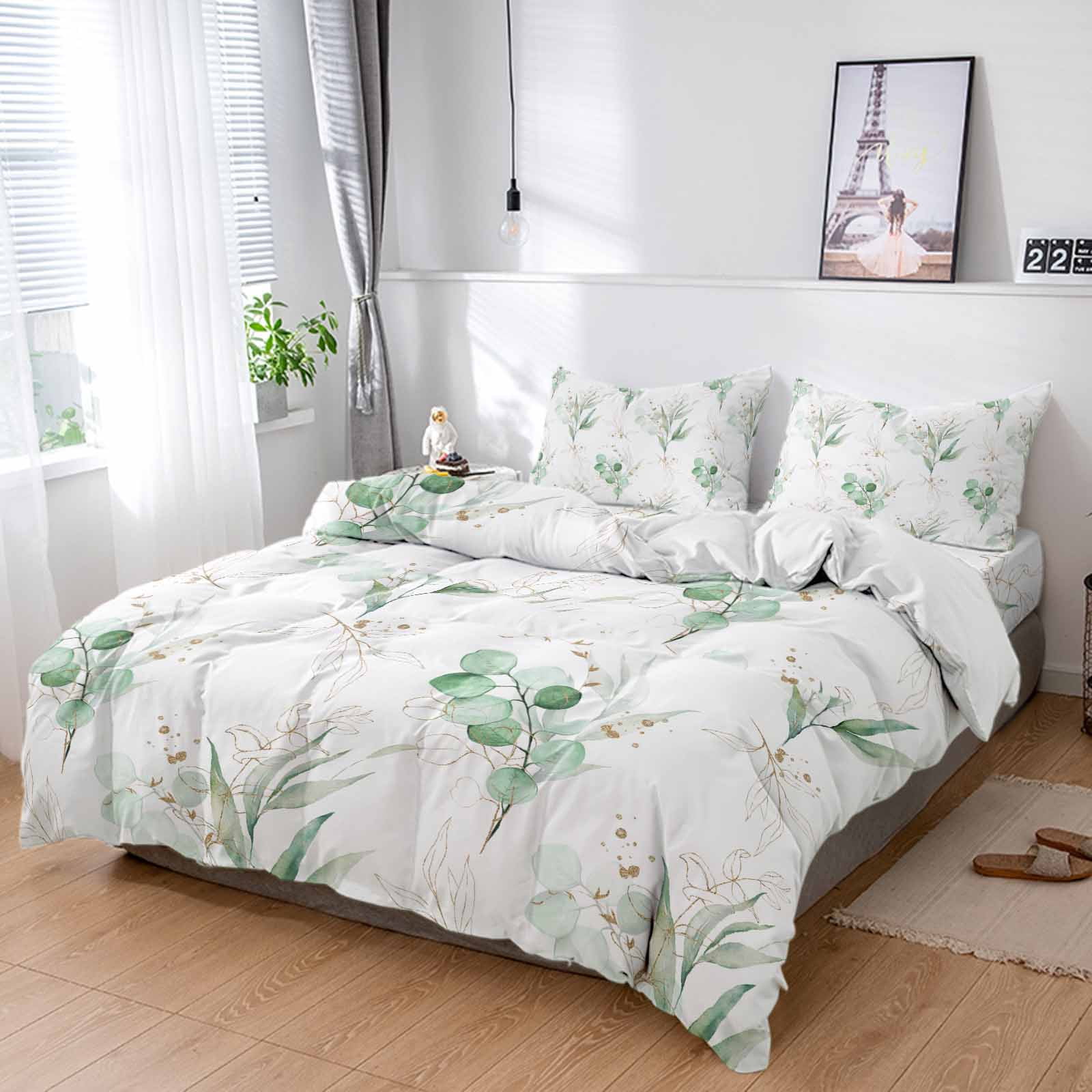 Cal King 4 Piece Bedding Set Farm Green Eucalyptus Leaves Plant on White Soft Breathable Duvet ...