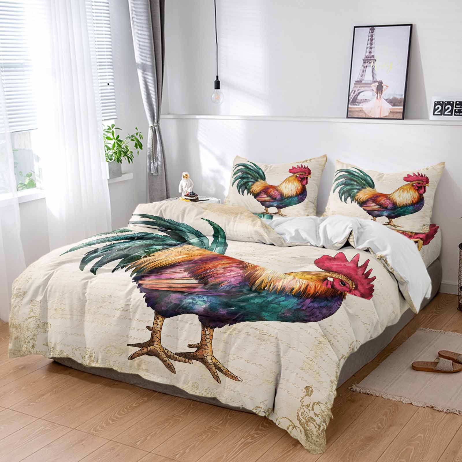 Cal King 4 Piece Bedding Set Farm Rooster Watercolor Animal Soft ...