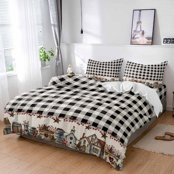 Cal King 4 Piece Bedding Set Farm Wooden House Black Buffalo Plaid Soft ...