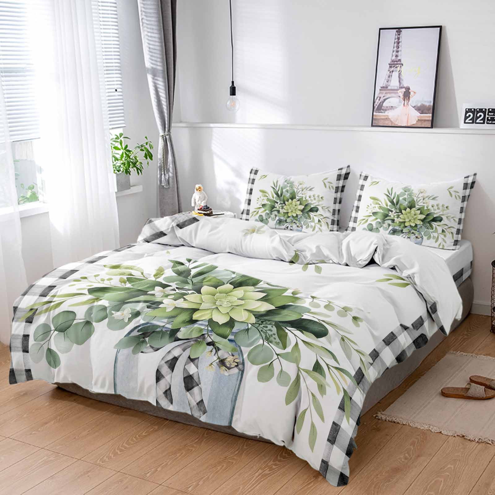 Cal King 4 Piece Bedding Set Farmhouse Ombre Eucalyptus Leaf Soft ...