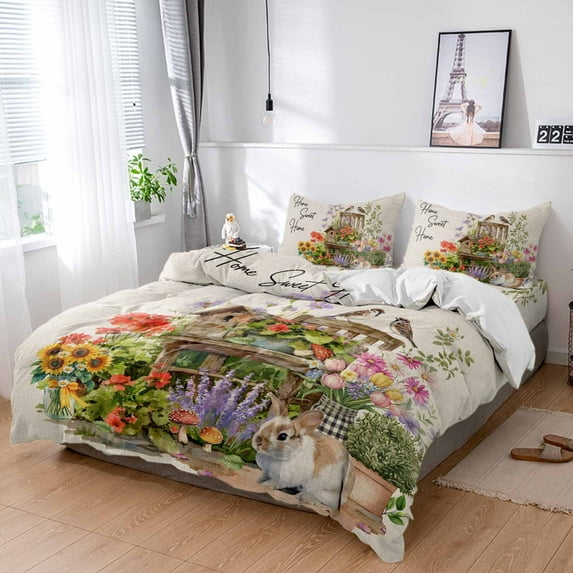 Cal King 4 Piece Bedding Set Farmhouse Rabbit Sunflower Tulip Soft ...