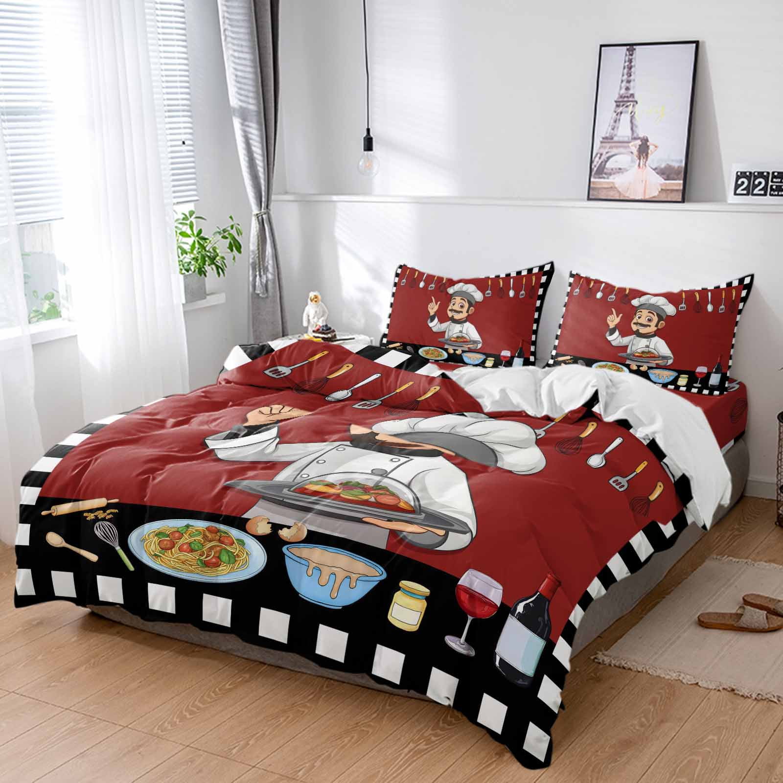 Cal King 4 Piece Bedding Set Fun Chef Kitchenware Food Burgundy Red ...