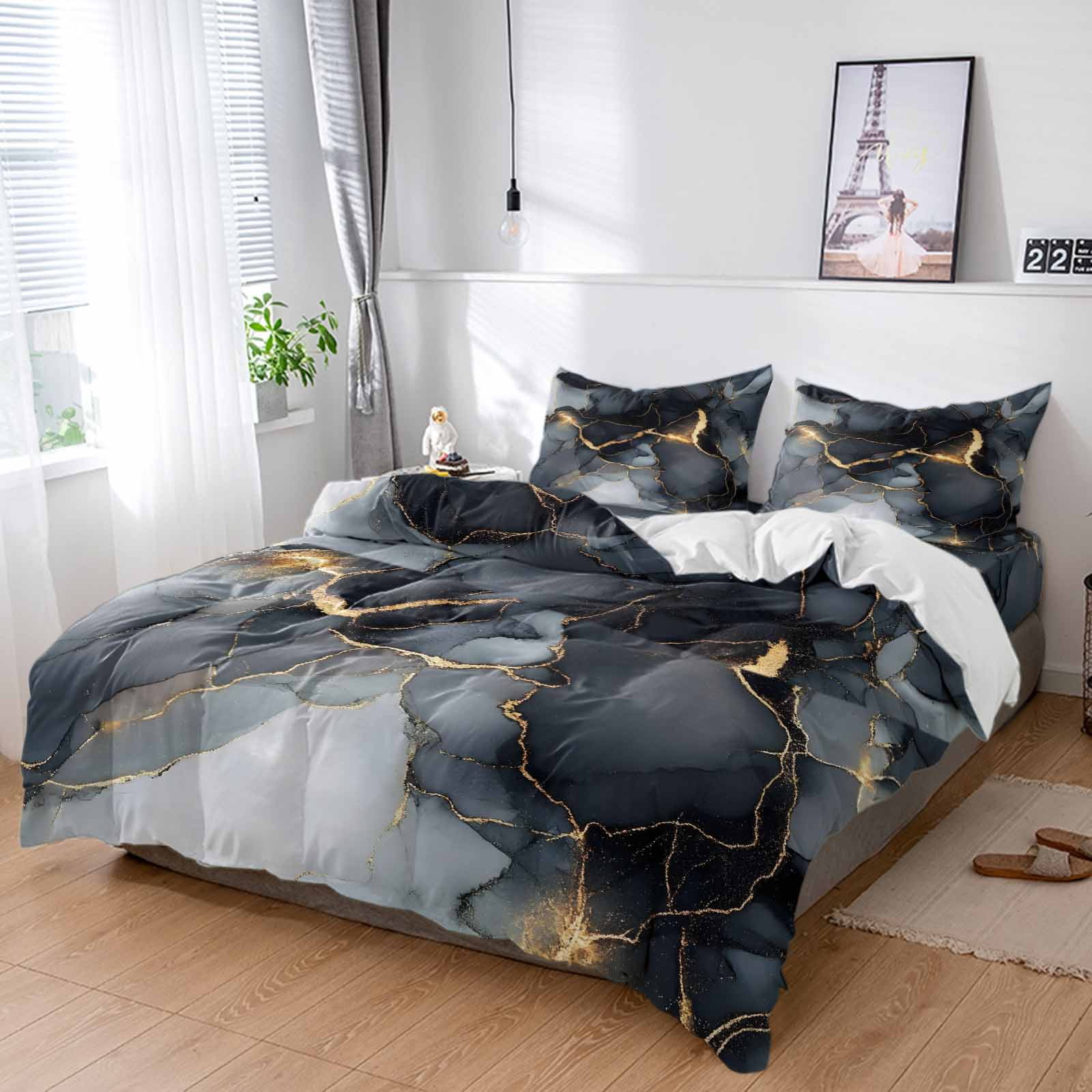 Cal King 4 Piece Bedding Set Gold Lines Black Marble Texture Soft ...