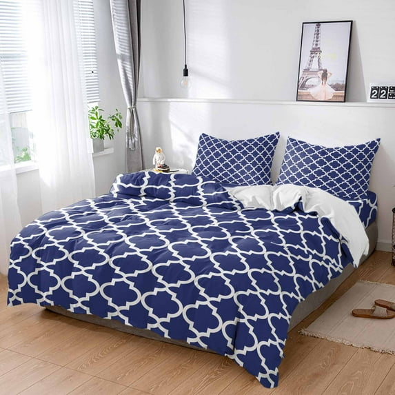 Cal King 4 Piece Bedding Set Navy Blue Moroccan Plaid Soft Breathable ...