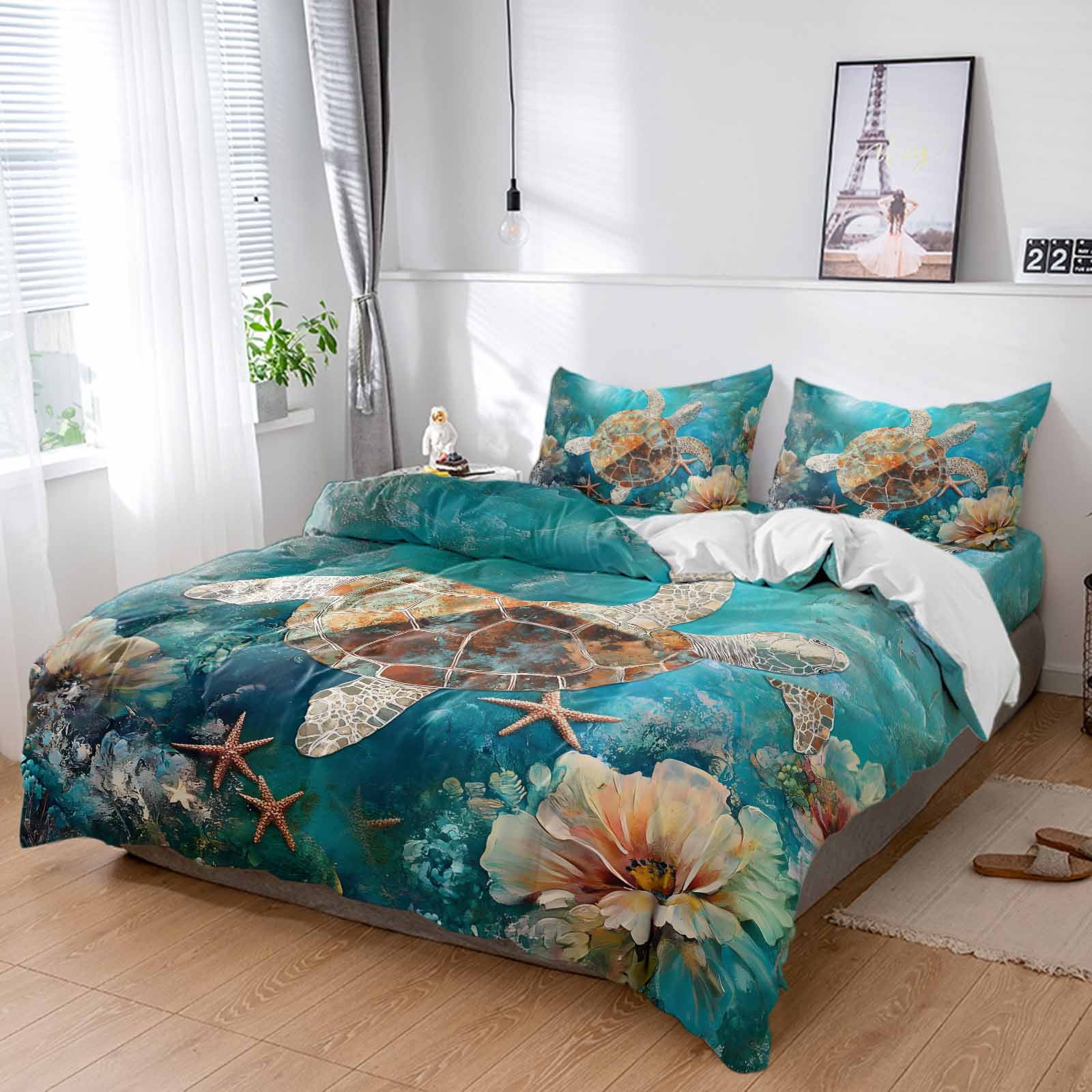 Cal King 4 Piece Bedding Set Ocean Submarine Coral Turtle Starfish Soft ...