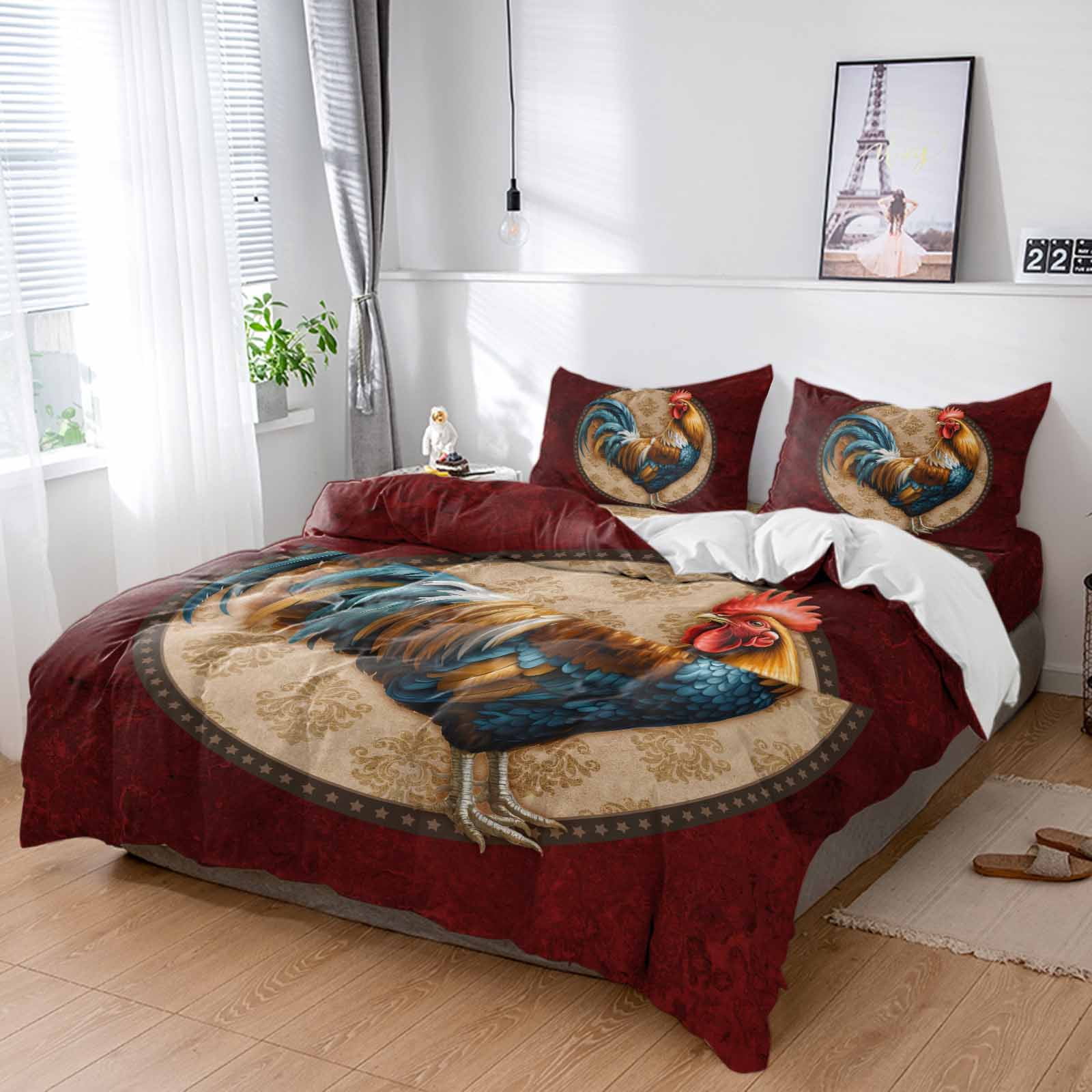 Cal King 4 Piece Bedding Set Rustic Farm Rooster on Retro Texture Soft ...