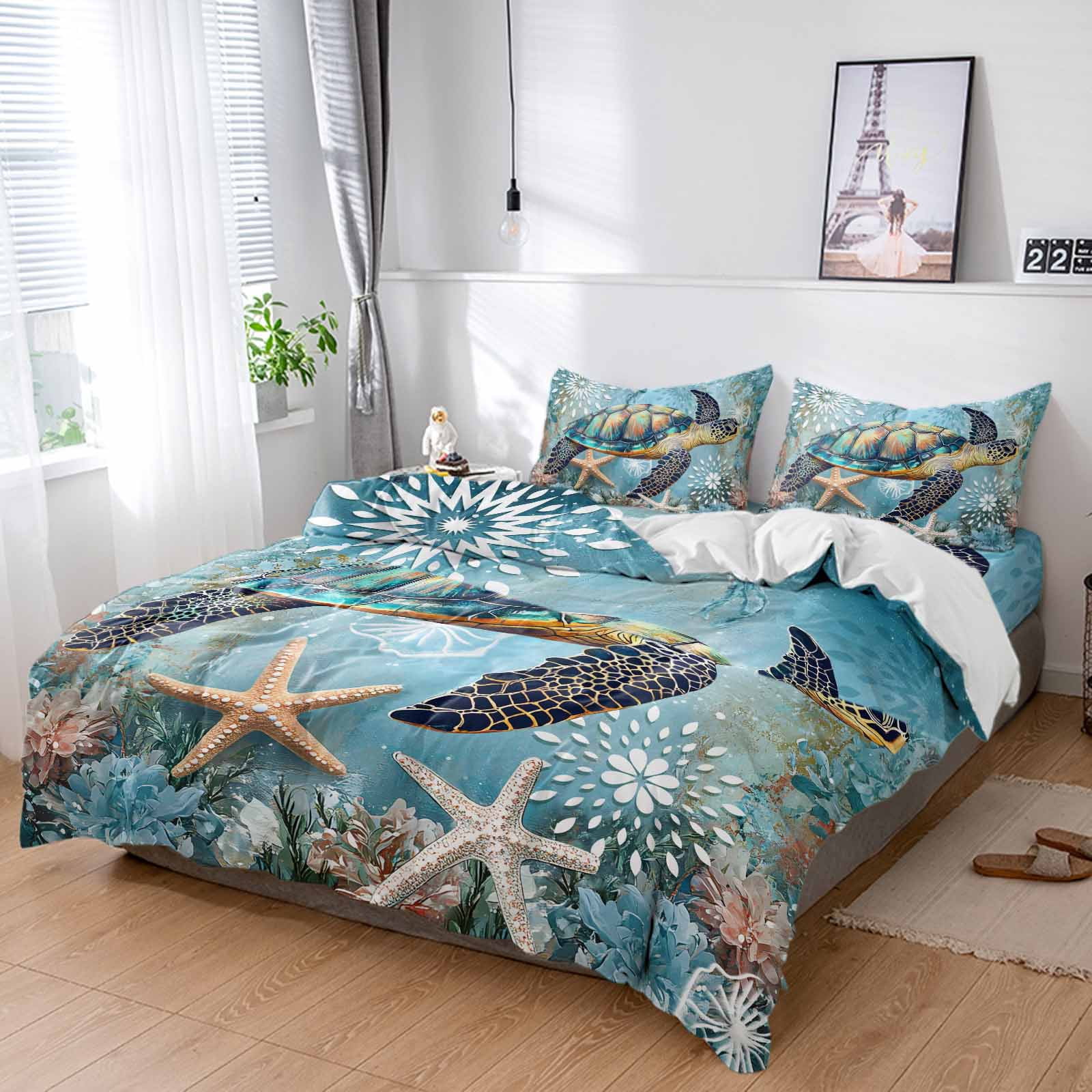 Cal King 4 Piece Bedding Set Sea Turtle Starfish Blue Ocean Soft ...