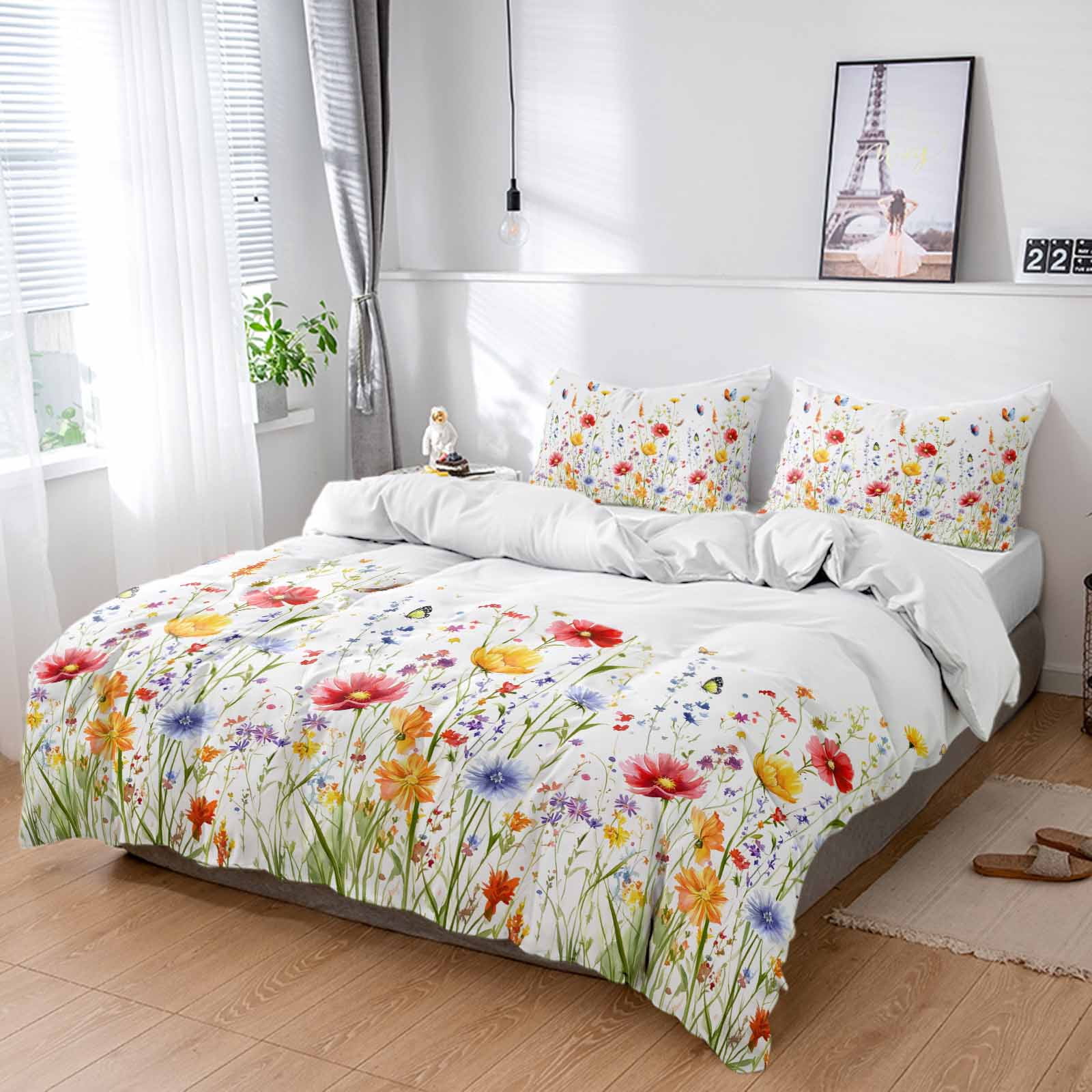 Cal King 4 Piece Bedding Set Spring Colorful Flower on White Soft ...
