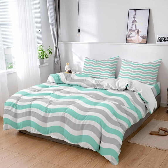 Cal King 4 Piece Bedding Set Teal Water Ripple Gray Line Soft ...
