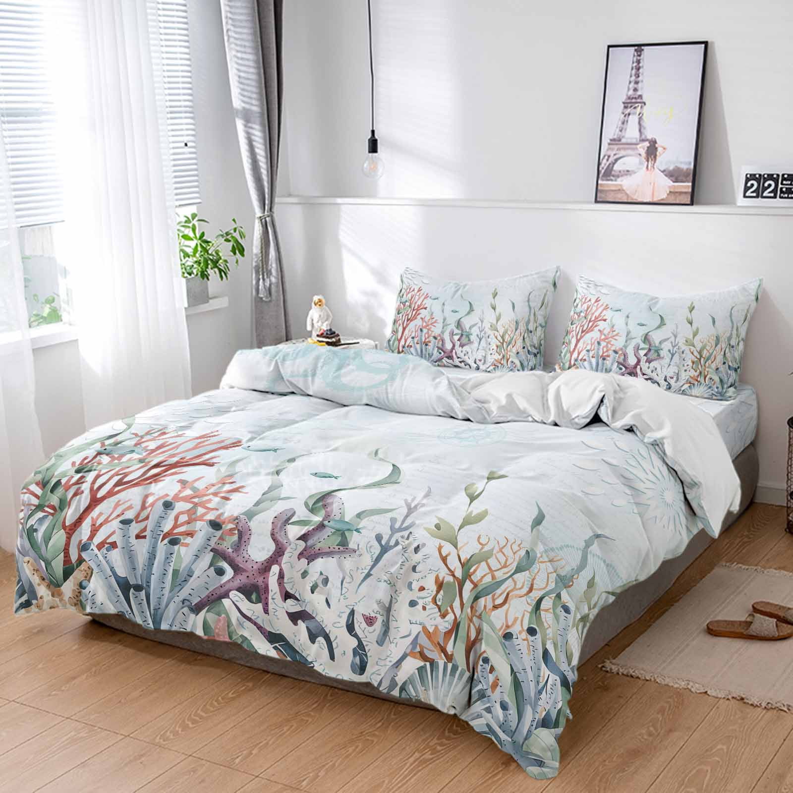 Cal King 4 Piece Bedding Set Watercolor Coral Fish Shell on Blue Letter ...