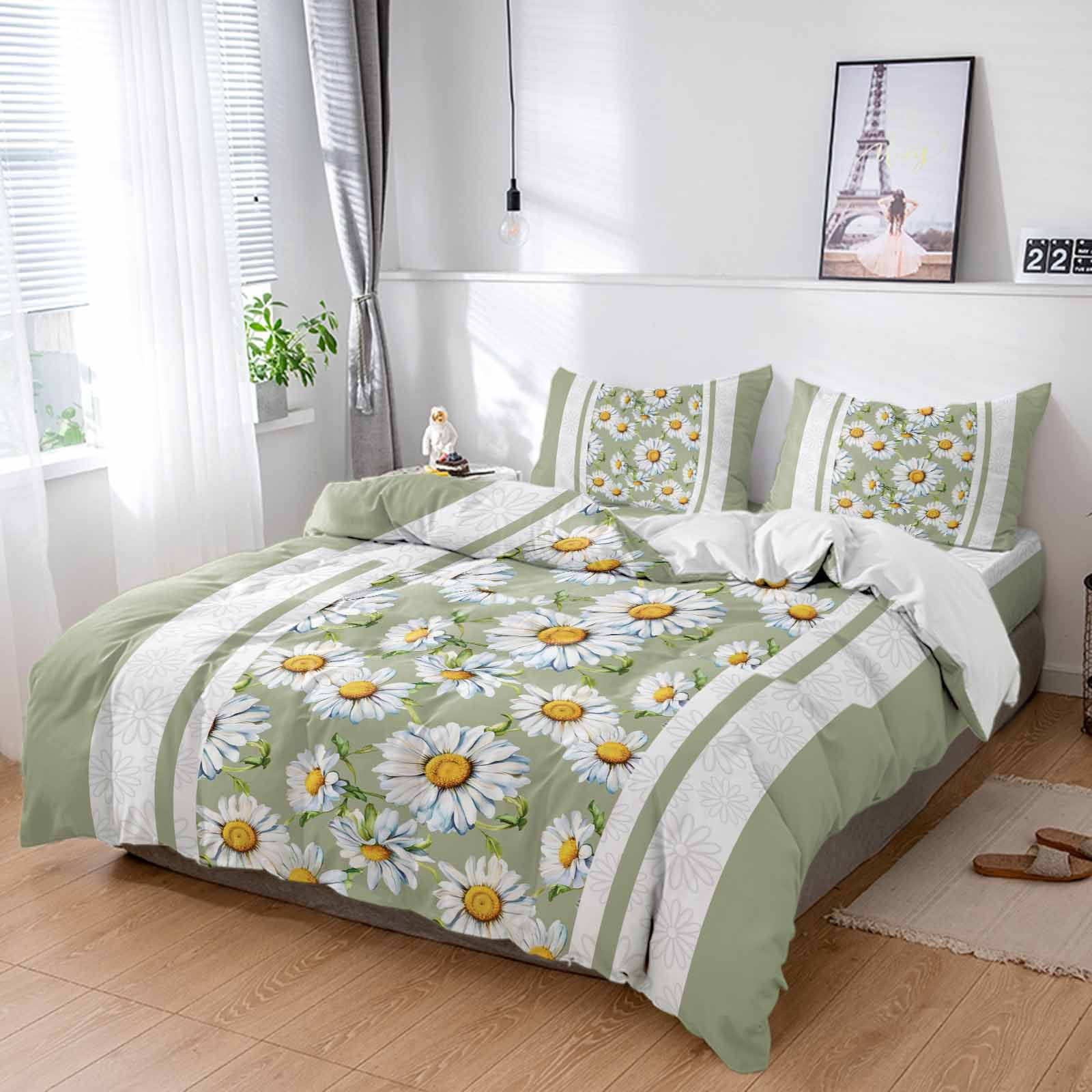 Cal King 4 Piece Bedding Set White Daisy Flower Sage Green Stripe Soft ...