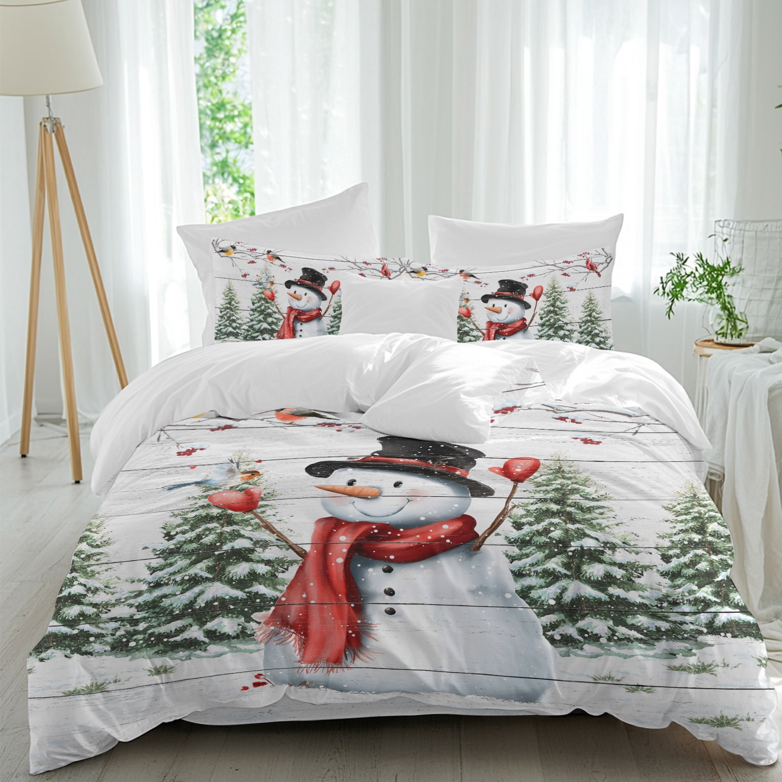 Cal King 4 Piece Bedding Set Xmas Snowman Christmas Tree Bird Soft ...
