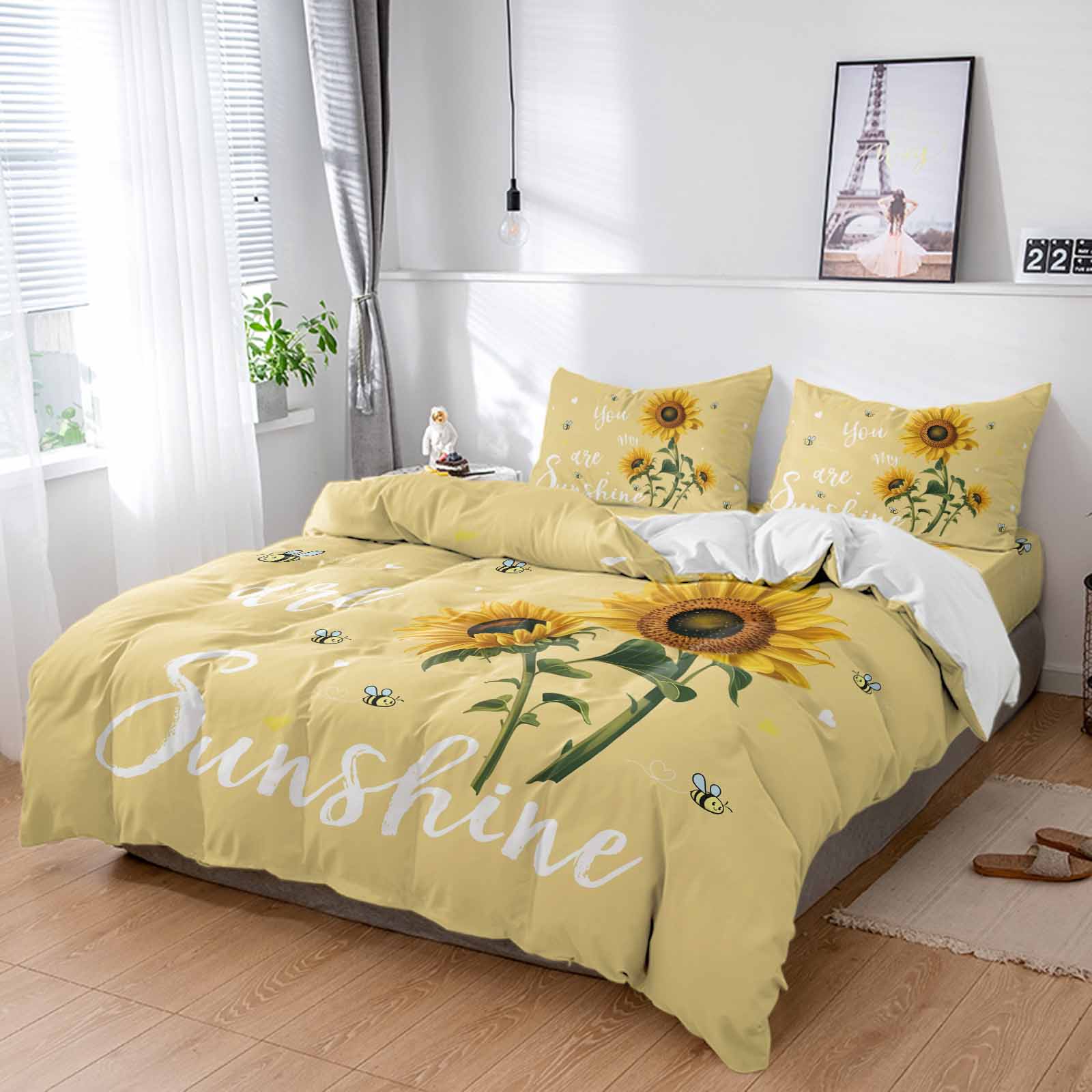 Cal King 4 Piece Bedding Set Yellow Sunflower Country Floral Soft ...