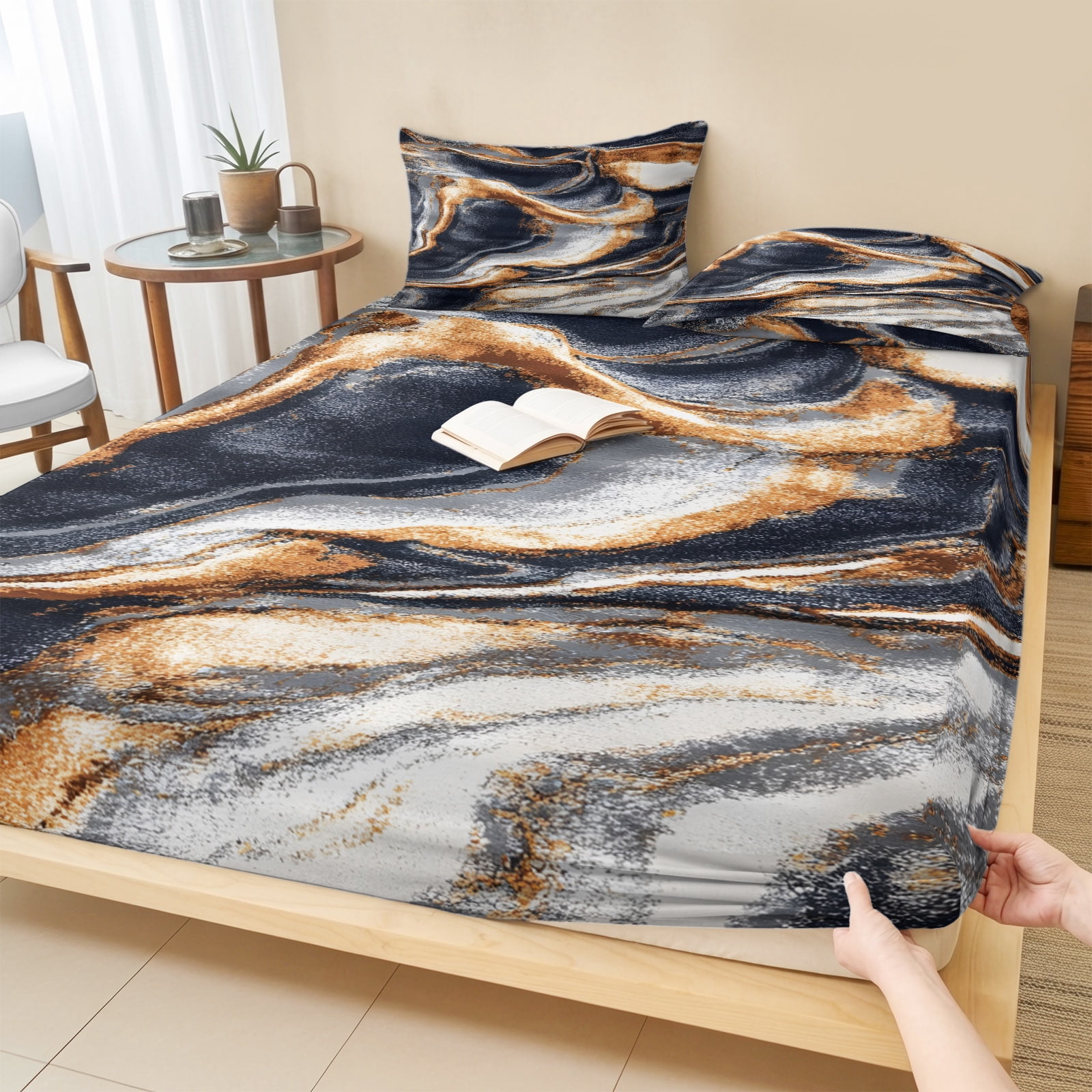 Cal.King Size Fitted Sheet Set - Black Orange Marble 3 Piece Bedding ...